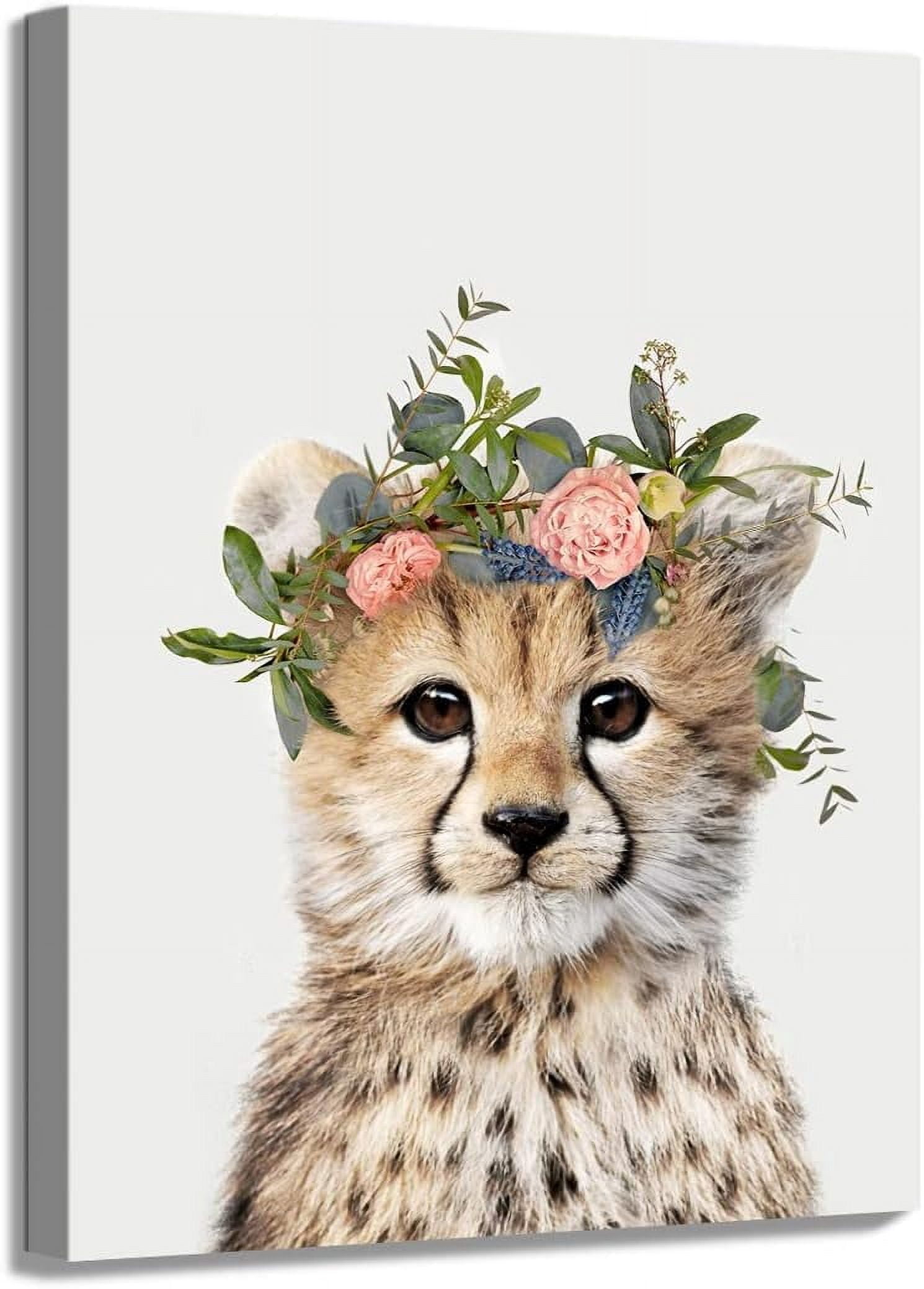 AEFER Baby Cheetah Animal Print Wall Art Cute Leopard With Wreath ...