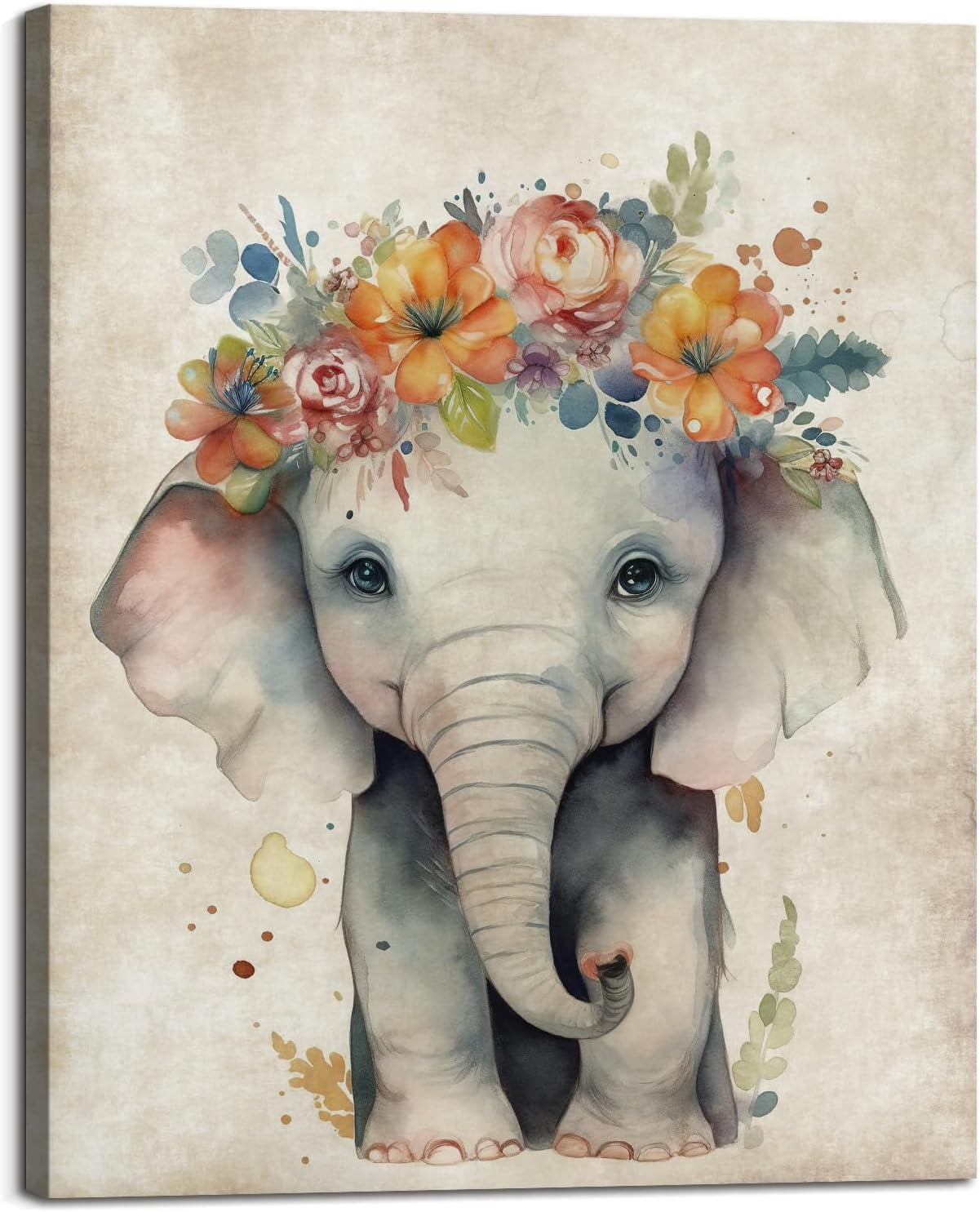 AEFER Baby Elephant Flower Wreath Poster Prints Cute Animal Portrait ...