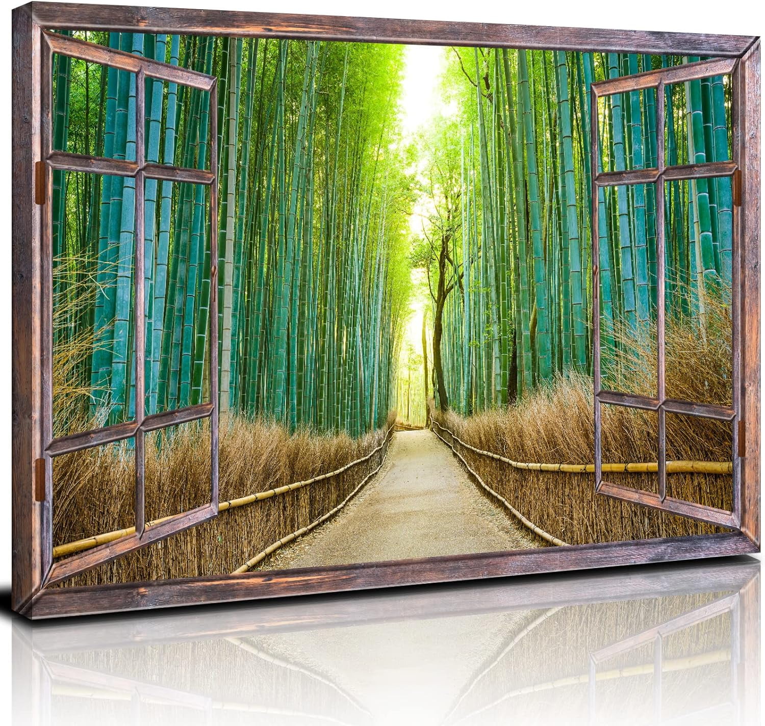 AEFER Bamboo Forest Canvas Wall Art Green Tree Landscape Painting Realism Window Frame View of ...