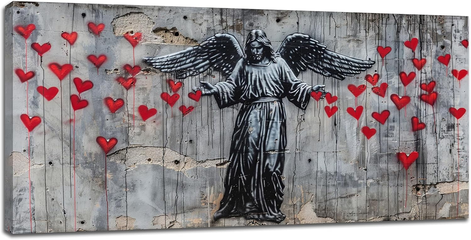 AEFER Banksy Jesus Wings Wall Art Christian Heart Pictures Wall Decor Street Graffiti Canvas ...