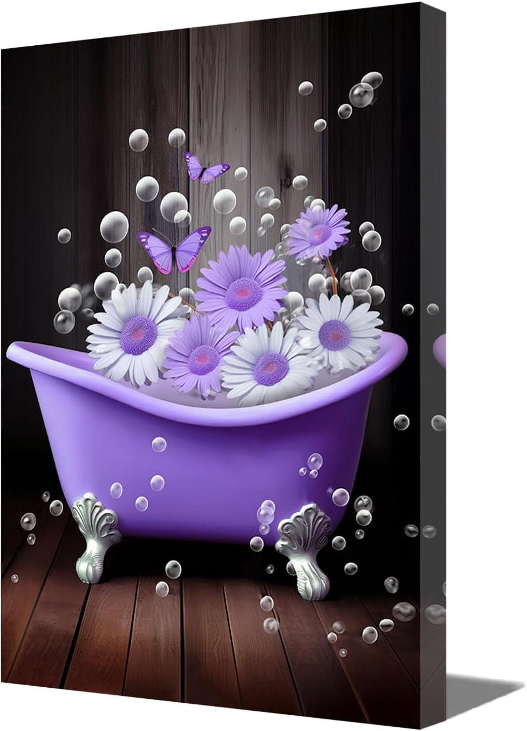 AEFER Bathroom Wall Art Rustic Purple Daisy Flower Picture Prints on ...