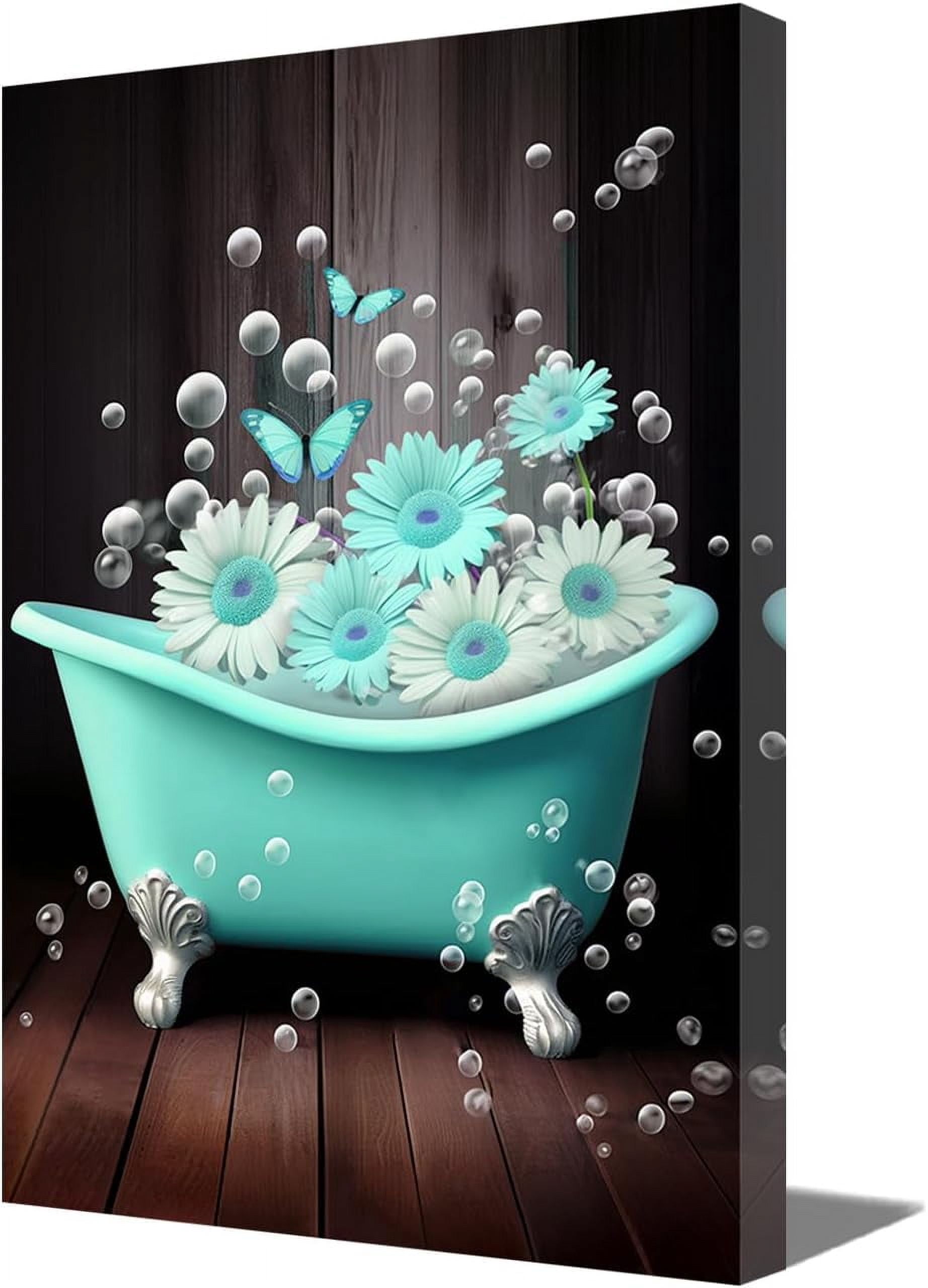 AEFER Bathroom Wall Art Rustic Teal Daisy Flower Picture Prints on ...