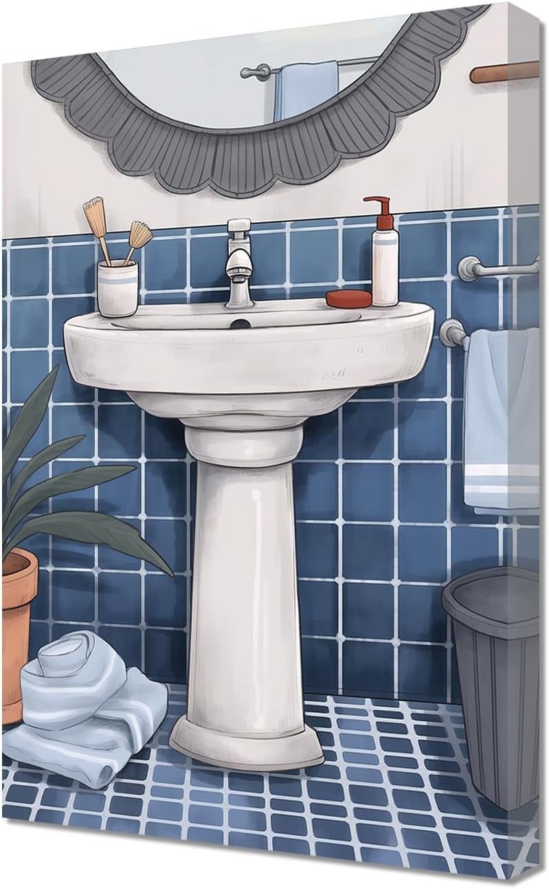 AEFER Bathroom Wall Art Wash Basin Painting Canvas Prints Vintage Grey and Blue Bathroom Artwork ...