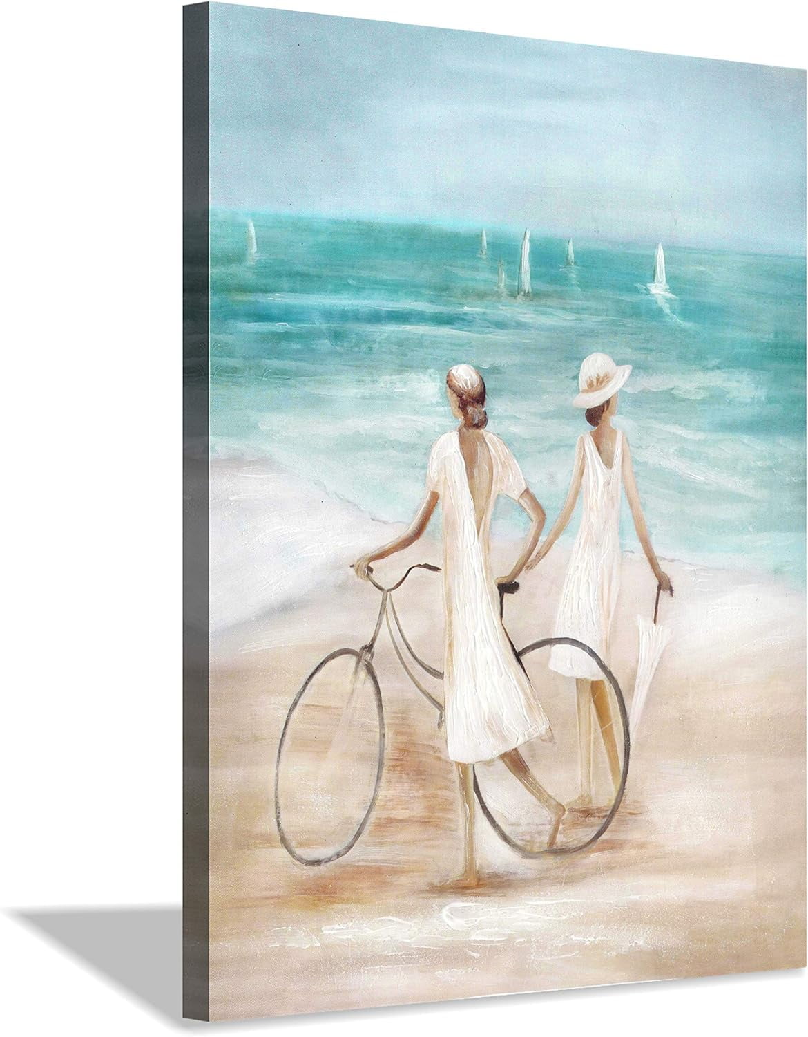 AEFER Beach Abstract Painting Coastal picture: Women & Bicycle Artwork ...
