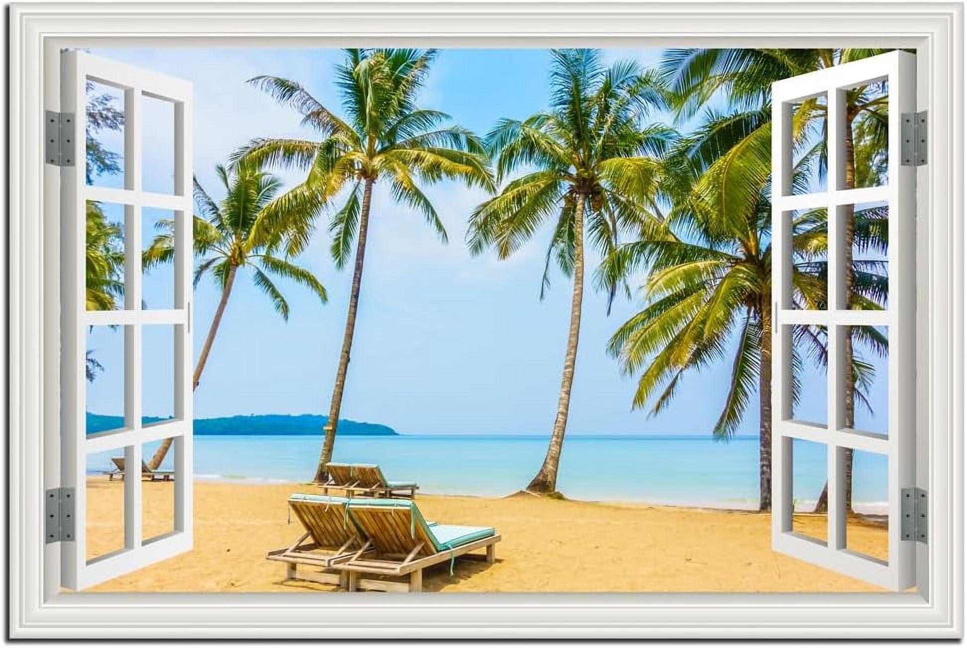 AEFER Beach Canvas Wall Art Picture for White Fake Window Frame Style ...
