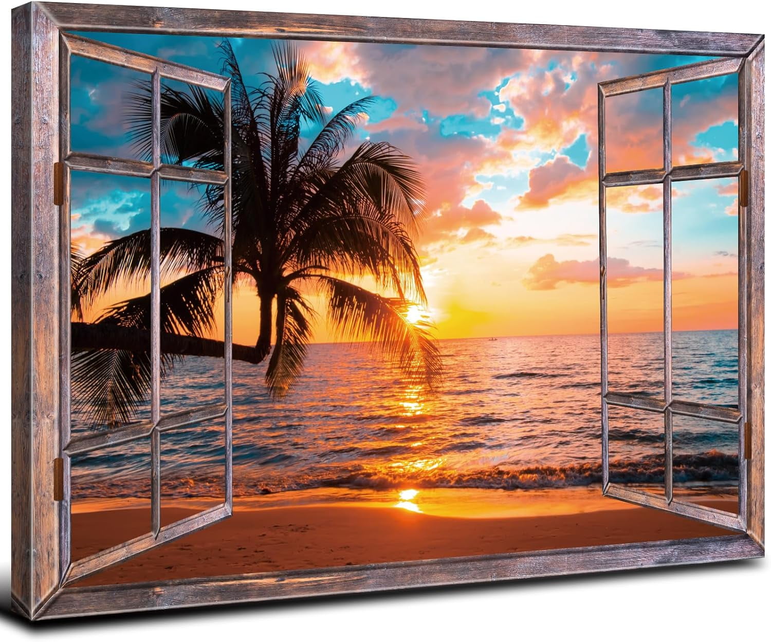AEFER Beach Canvas Wall Art Sunset Coastal Bathroom Decor Window View ...