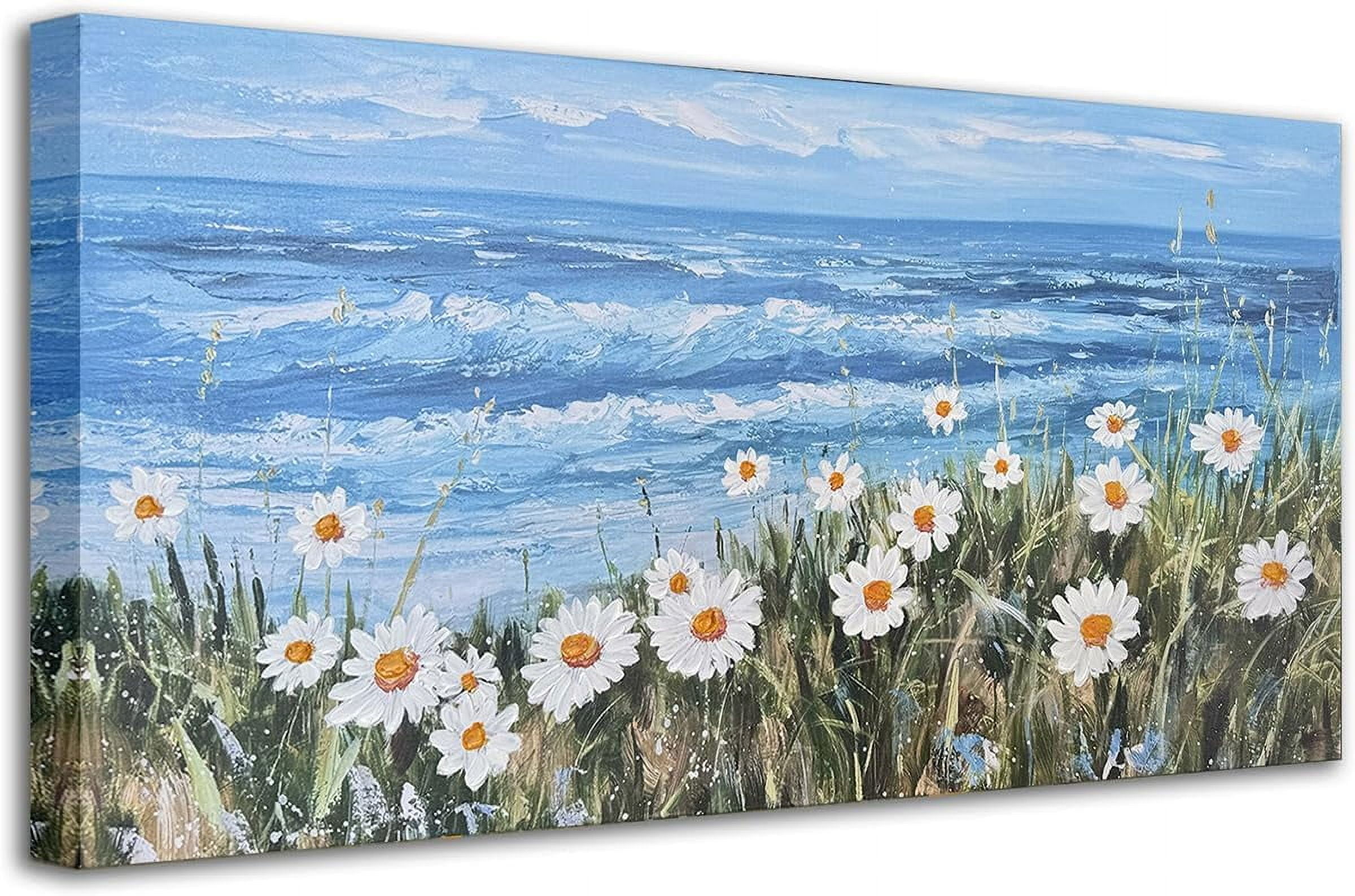 AEFER Beach Daisy Wall Art Flowers Picture Daisies and Blue Sea Wall ...