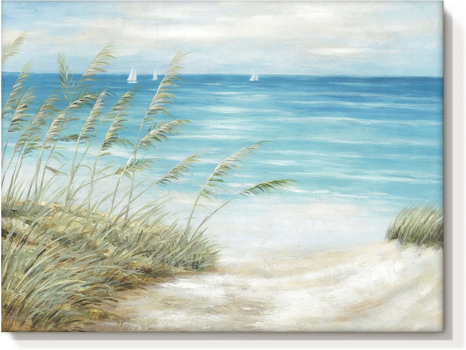 AEFER Beach Sea Canvas Wall Art: Seaside Coastal Reed Painting Blue ...