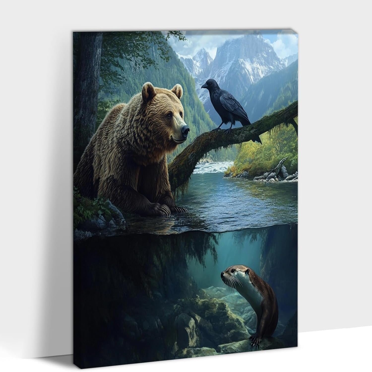 AEFER Bear Canvas Wall Art, Rustic Brown Bear Bird and Otter Picture ...