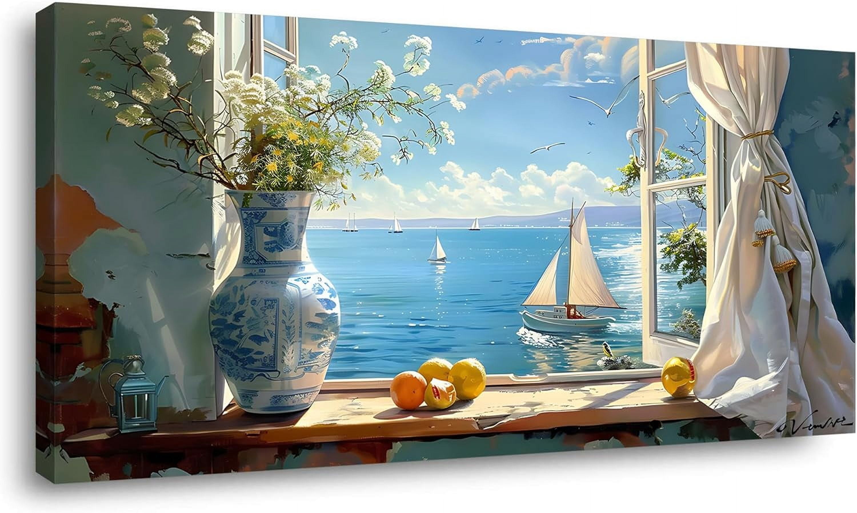 AEFER Beautiful Blue Window Seaview with Flower Vase and Boat Wall Art ...