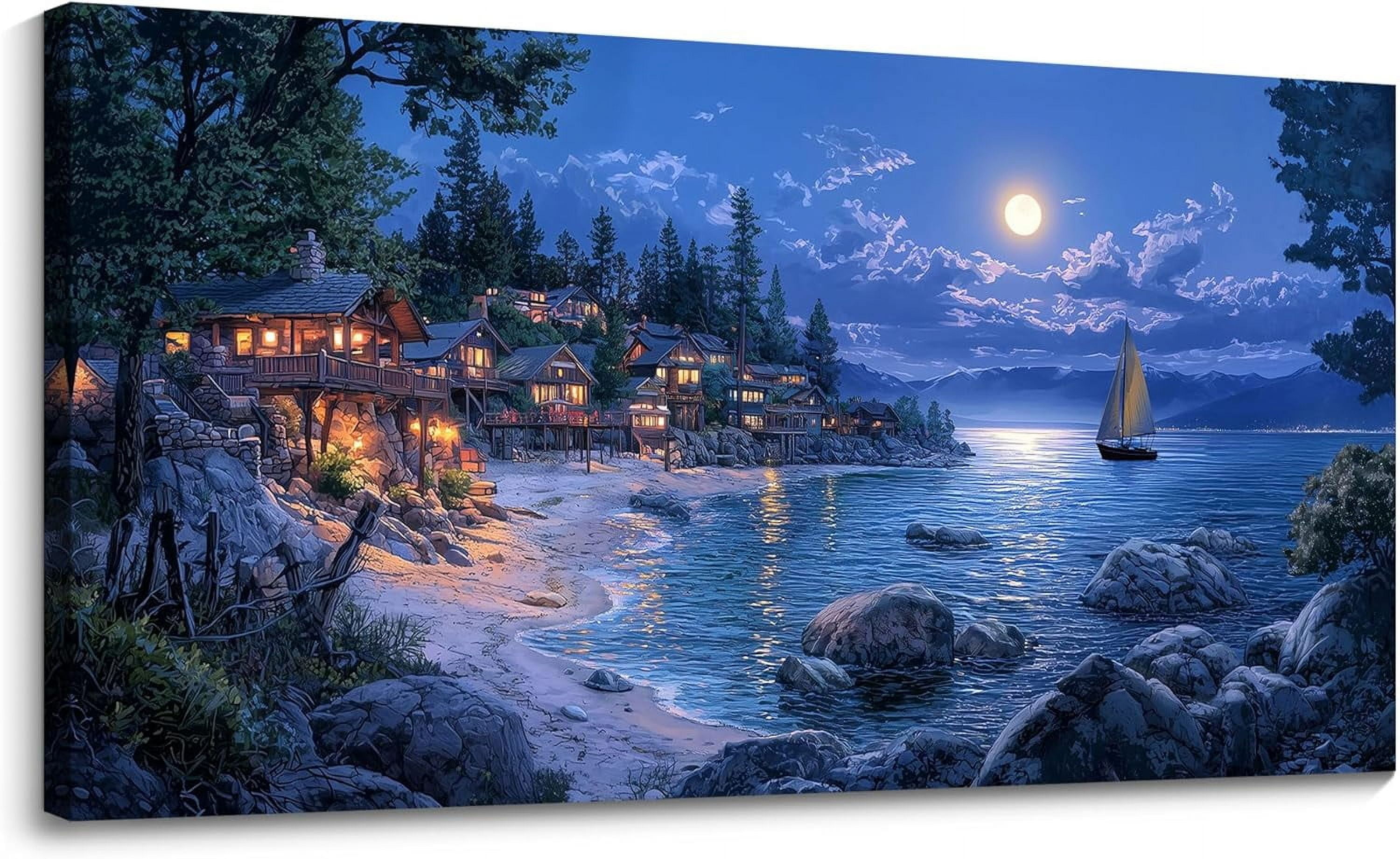 AEFER Bedroom Ocean Wall Art, Large Moon Night Sea View Canvas Wall ...