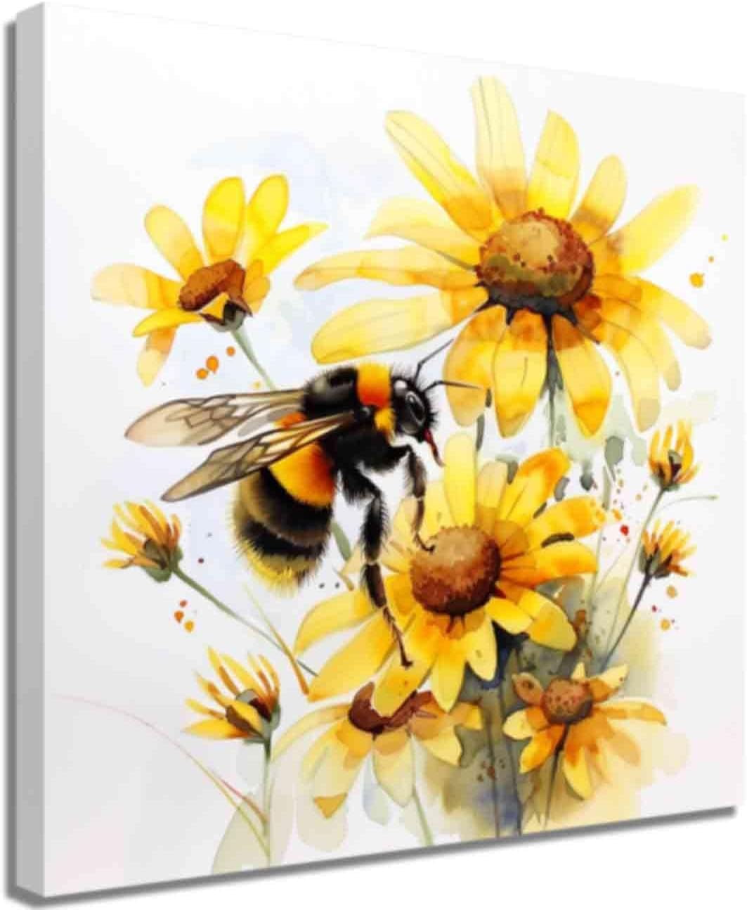 AEFER Bee Canvas Wall Art Bee with Daisy Flower Picture Prints ...