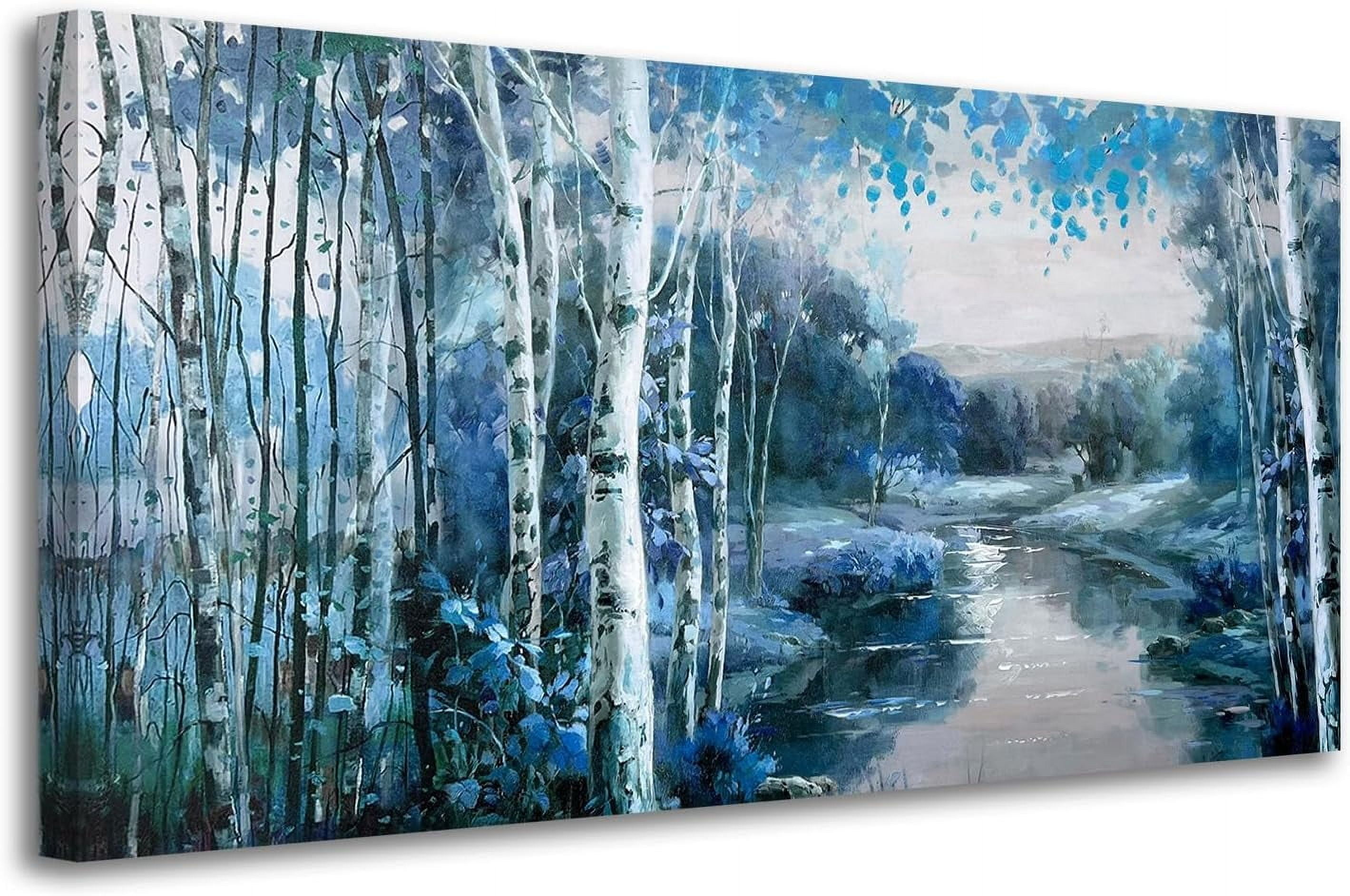 AEFER Birch Tree Wall Art Canvas Blue Landscape Nature Forest Painting ...