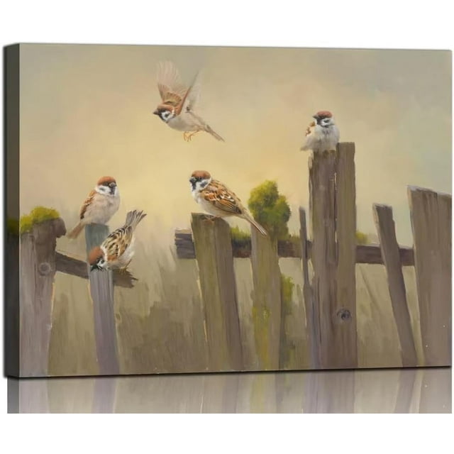AEFER Bird Canvas Wall Art Birds Flying on The Wooden Fence Painting ...