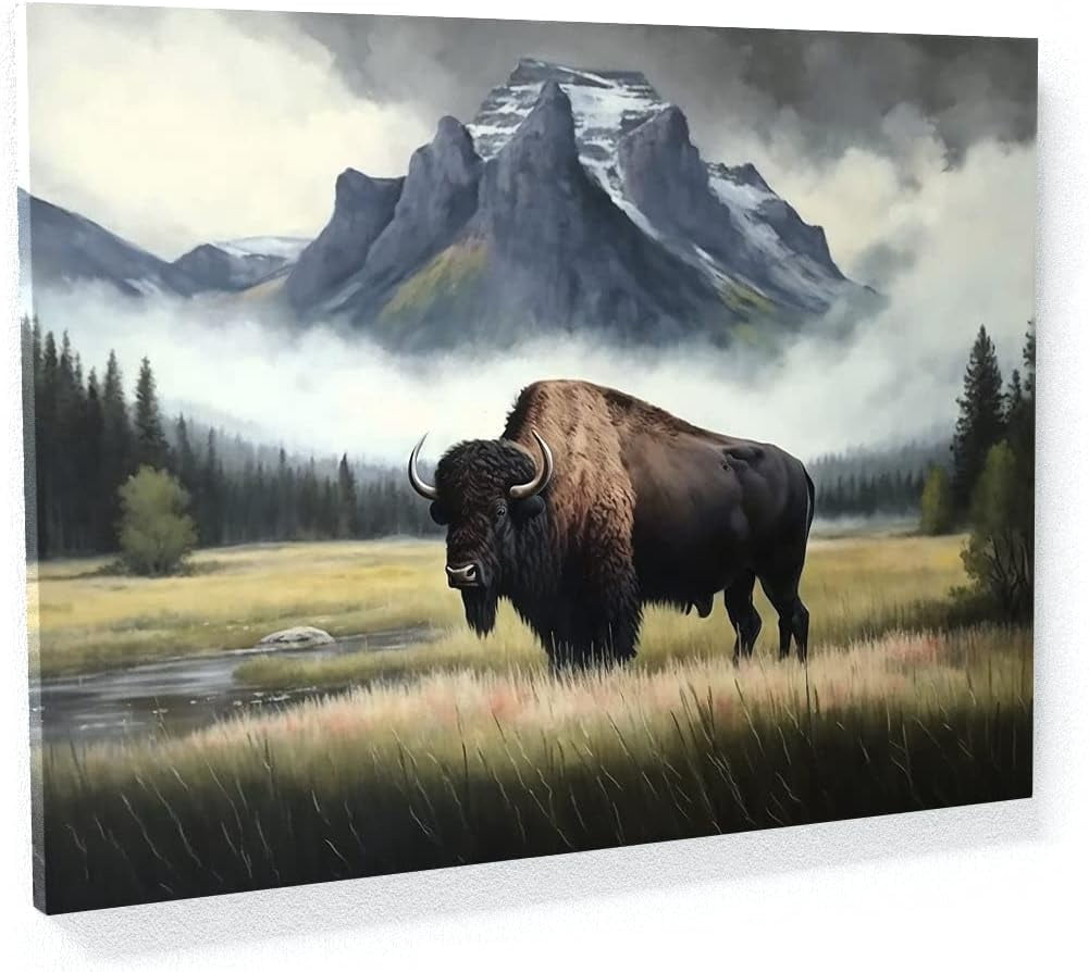 AEFER Bison Grass Mountain 15 Canvas Art - Home Decor Wall Art Print ...