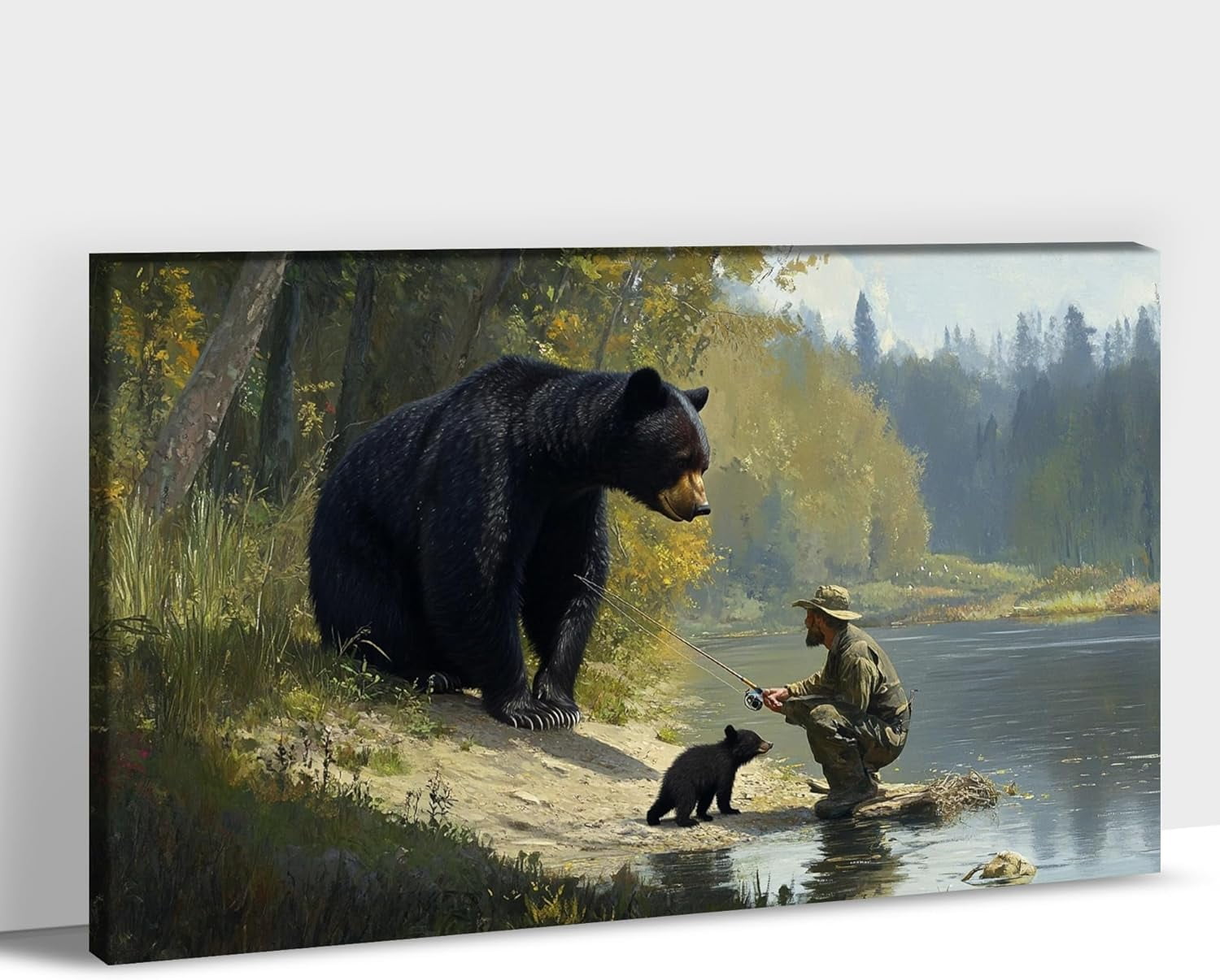 AEFER Black Bear Canvas Wall Art, Rustic Bear and Fisher Picture Wall ...