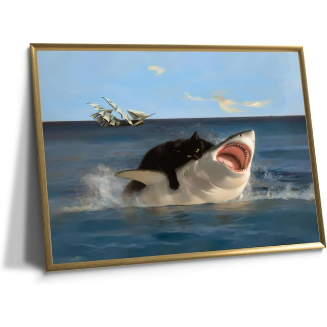 AEFER Black Cat Wall Art, Funny Quirky Cat and Shark Pictures Canvas ...