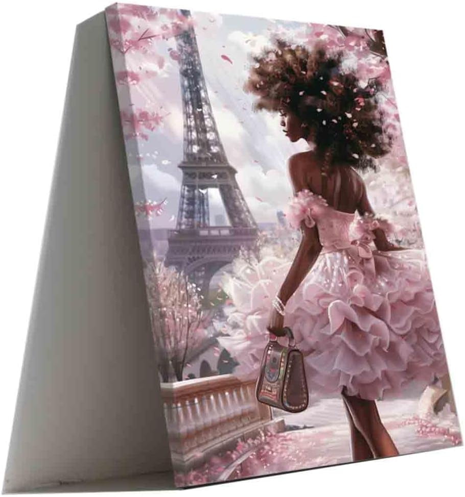 AEFER Black Girl Canvas Wall Art African American Pictures Pink Eiffel Tower Girls Fashion ...