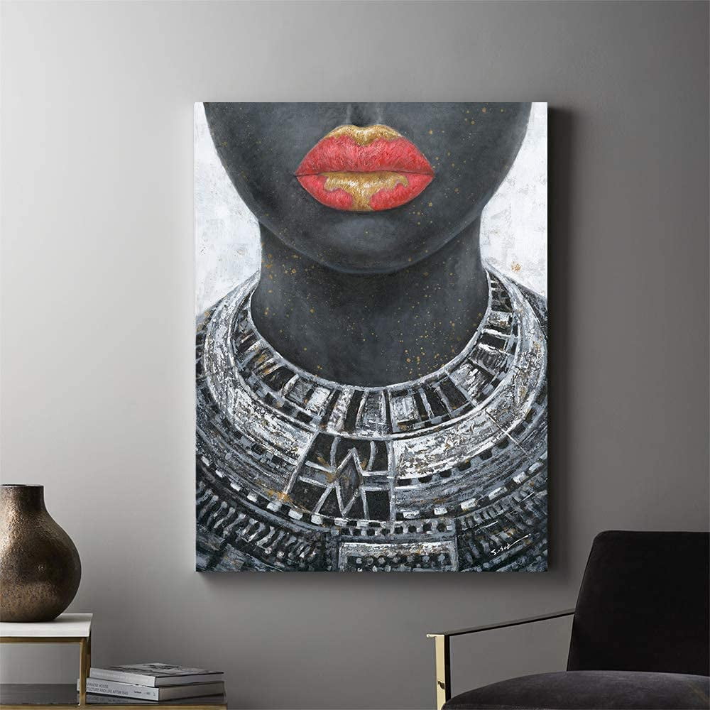 AEFER Black Girl Canvas Wall Art: Native African American Woman in Gold and Red Lip with Tribal ...