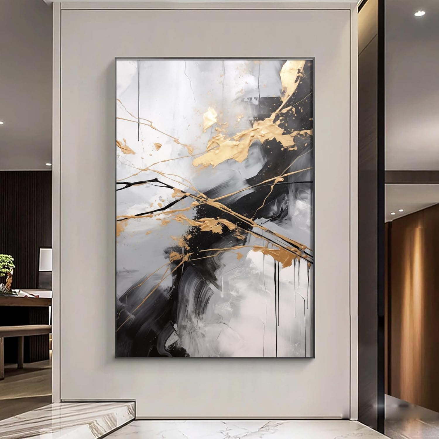 AEFER Black Gray and Gold Abstract Canvas Art Wall Decor Black and Gold ...