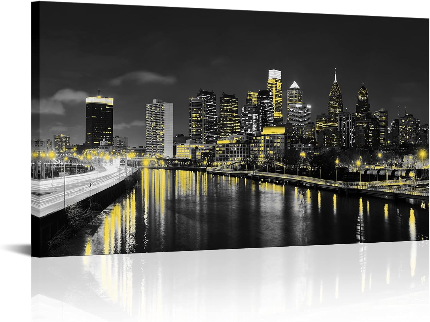 AEFER Black and White Yellow City Wall Art Canvas Philadelphia Night ...