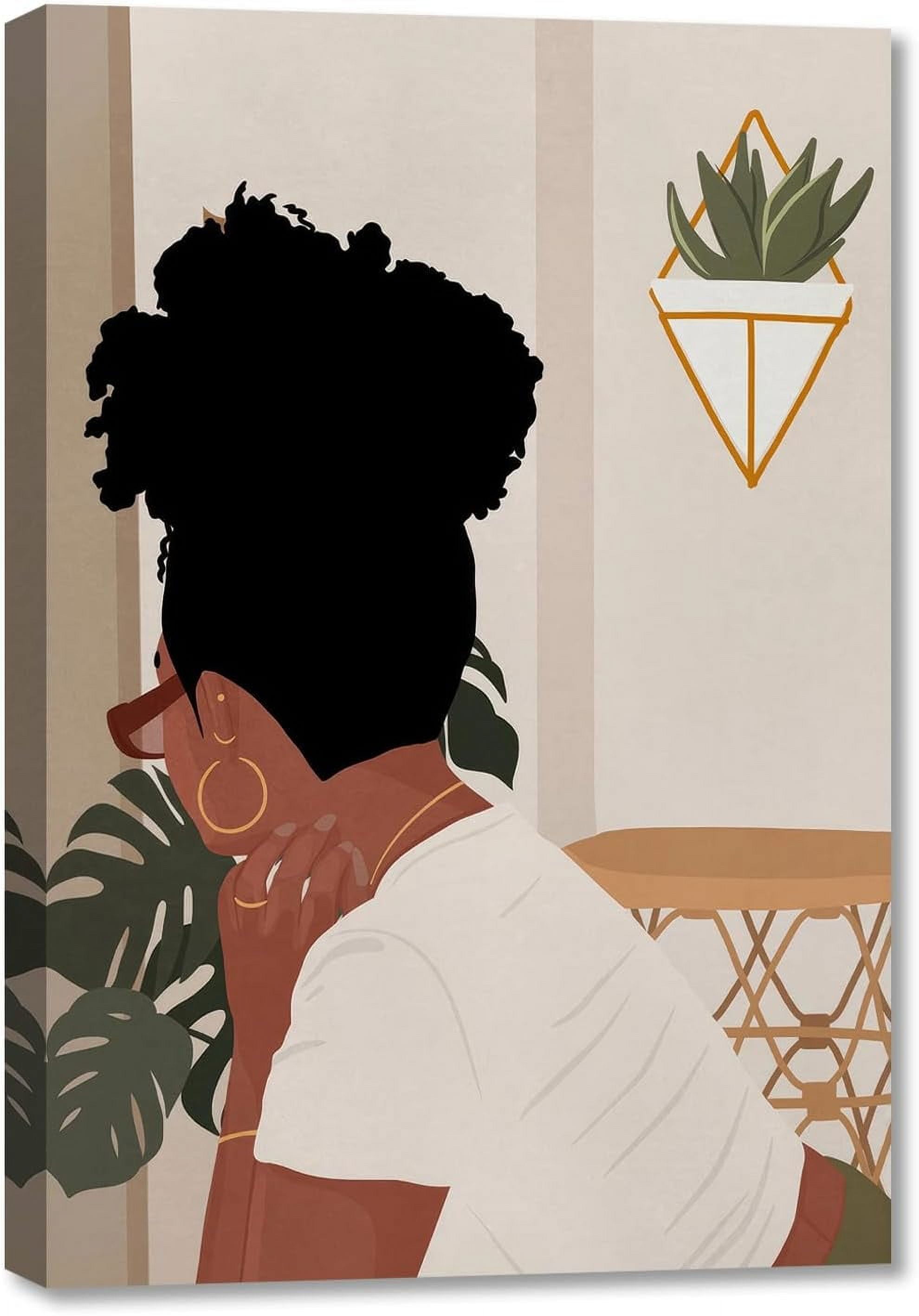 AEFER Black Woman Art, Boho Black Art, Woman And Flower Canvas Print Wall Art, Flower Art, Afro ...