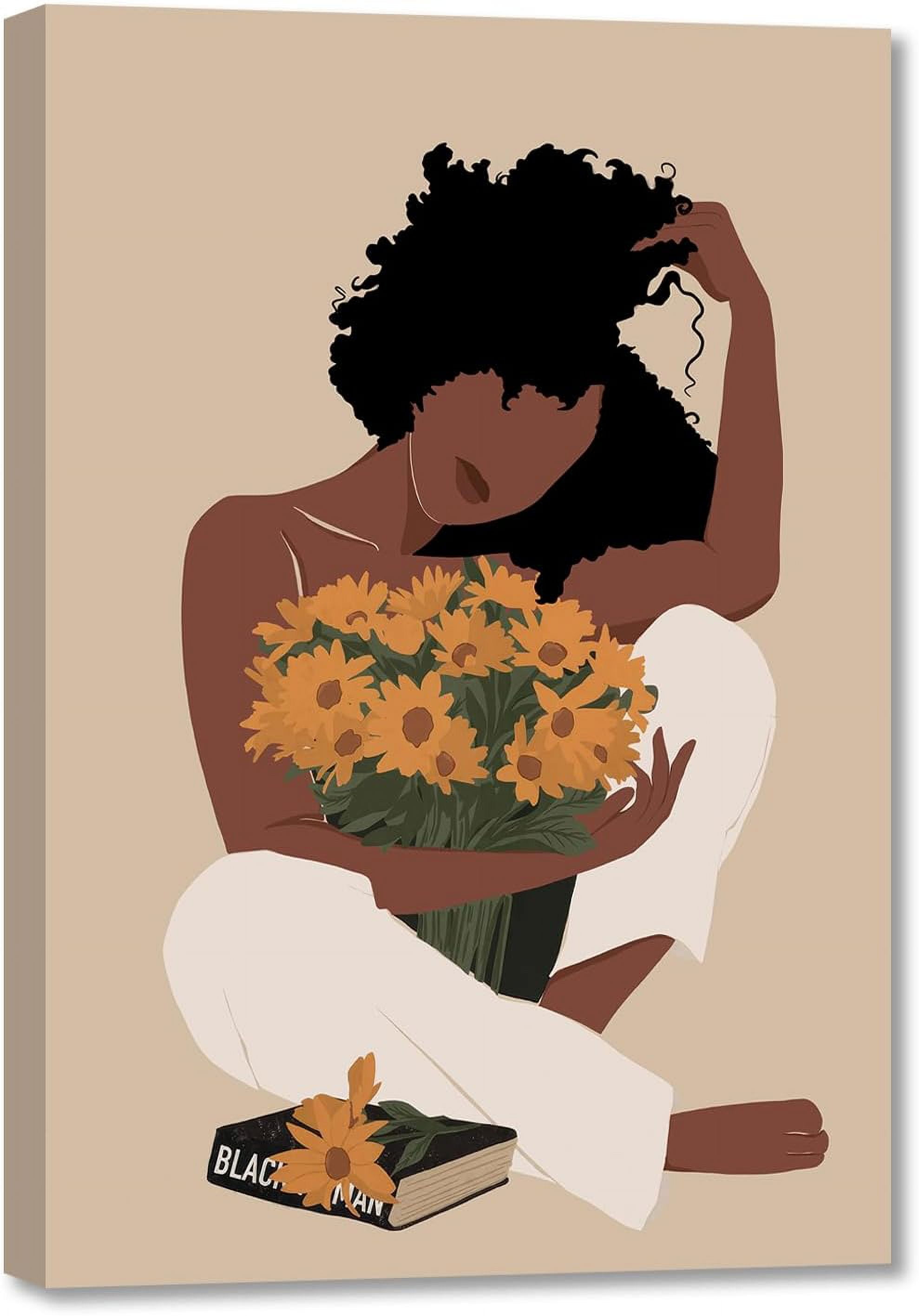 AEFER Black Woman Art, Boho Black Art, Woman And Flower Canvas Print Wall Art, Flower Art, Afro ...