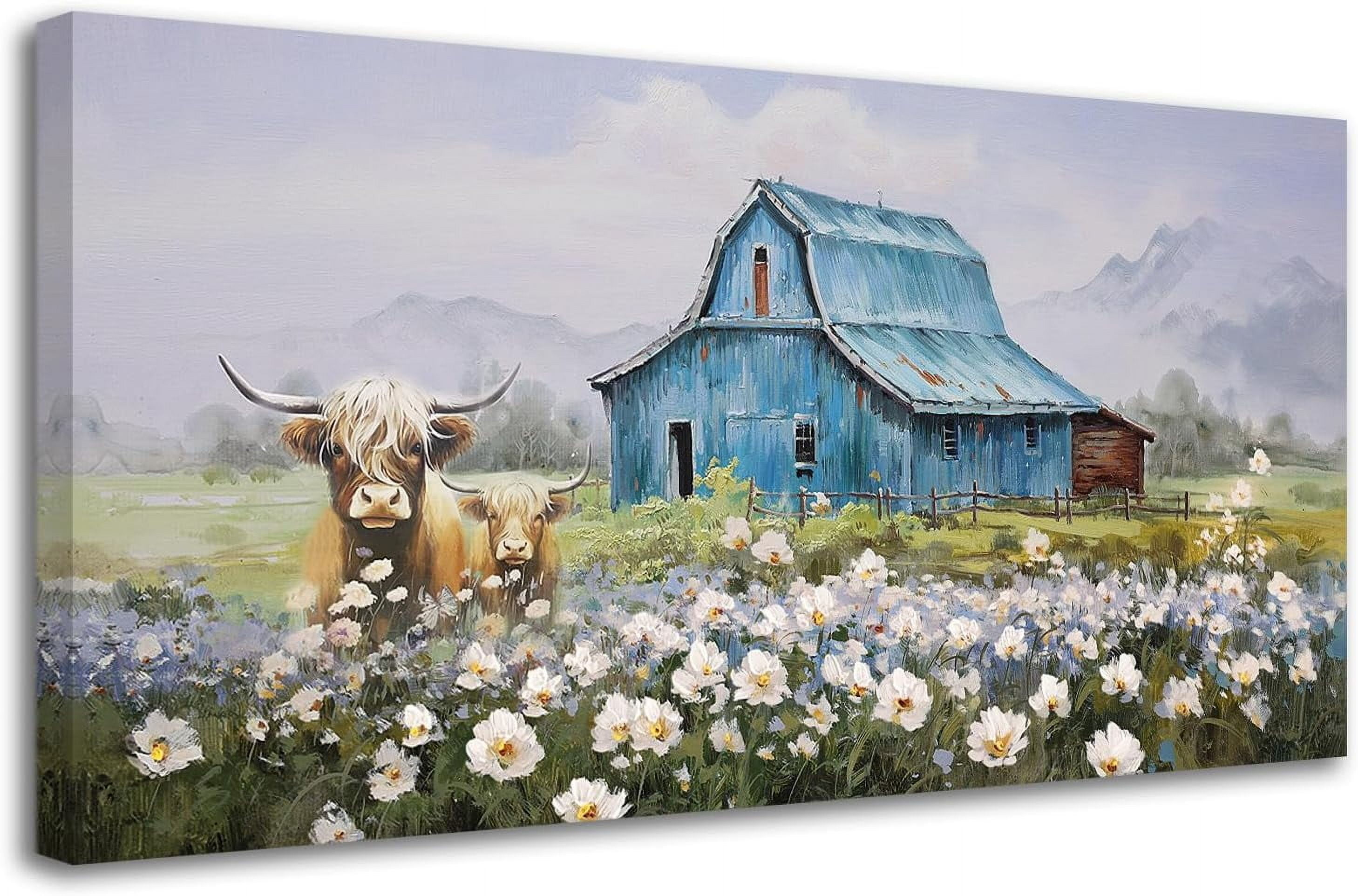 AEFER Blue Barn Picture Farmhouse Canvas Wall Art Highland Cow and ...