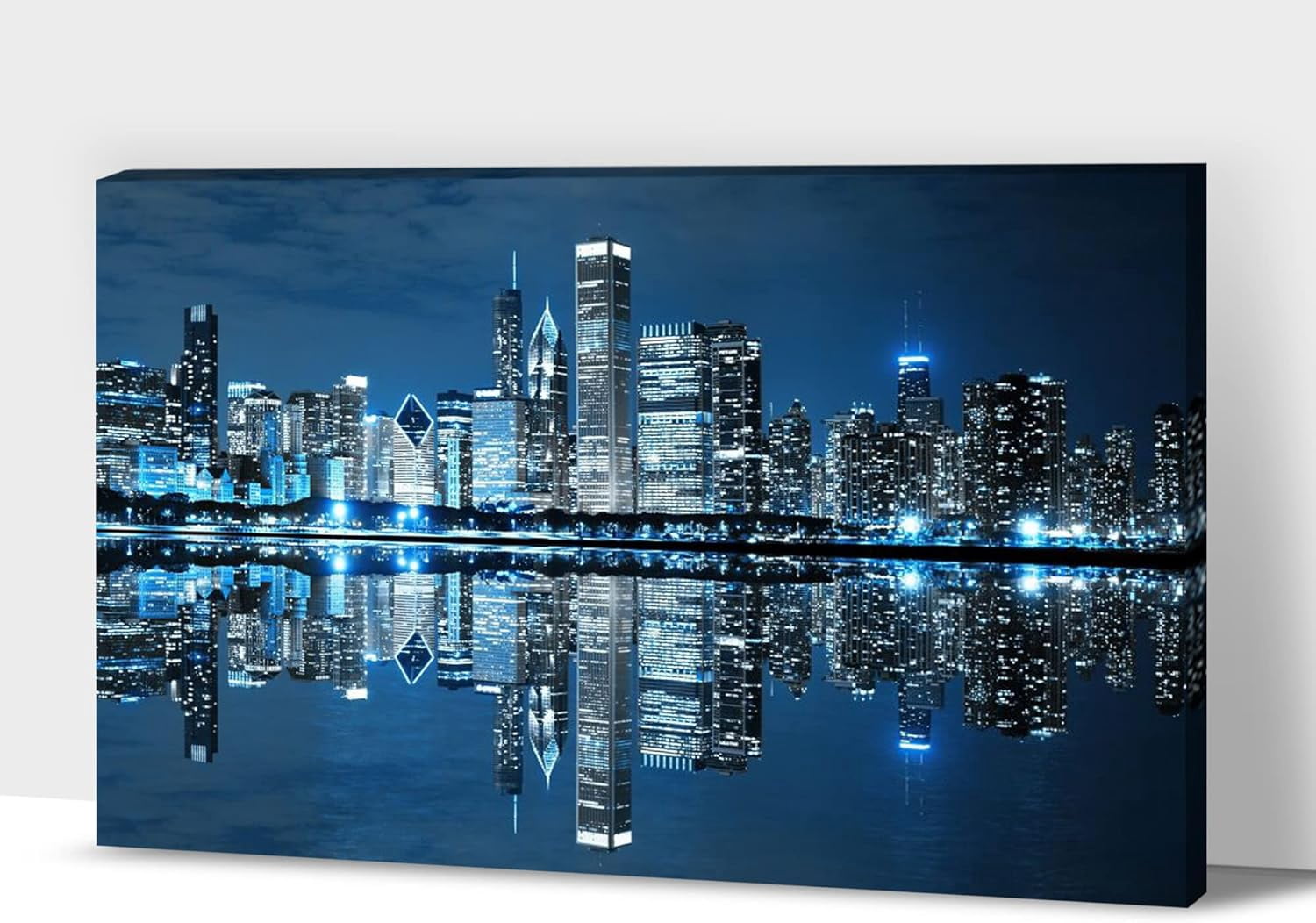AEFER Blue Canvas Wall Art: Chicago Skyline Night View, Modern ...