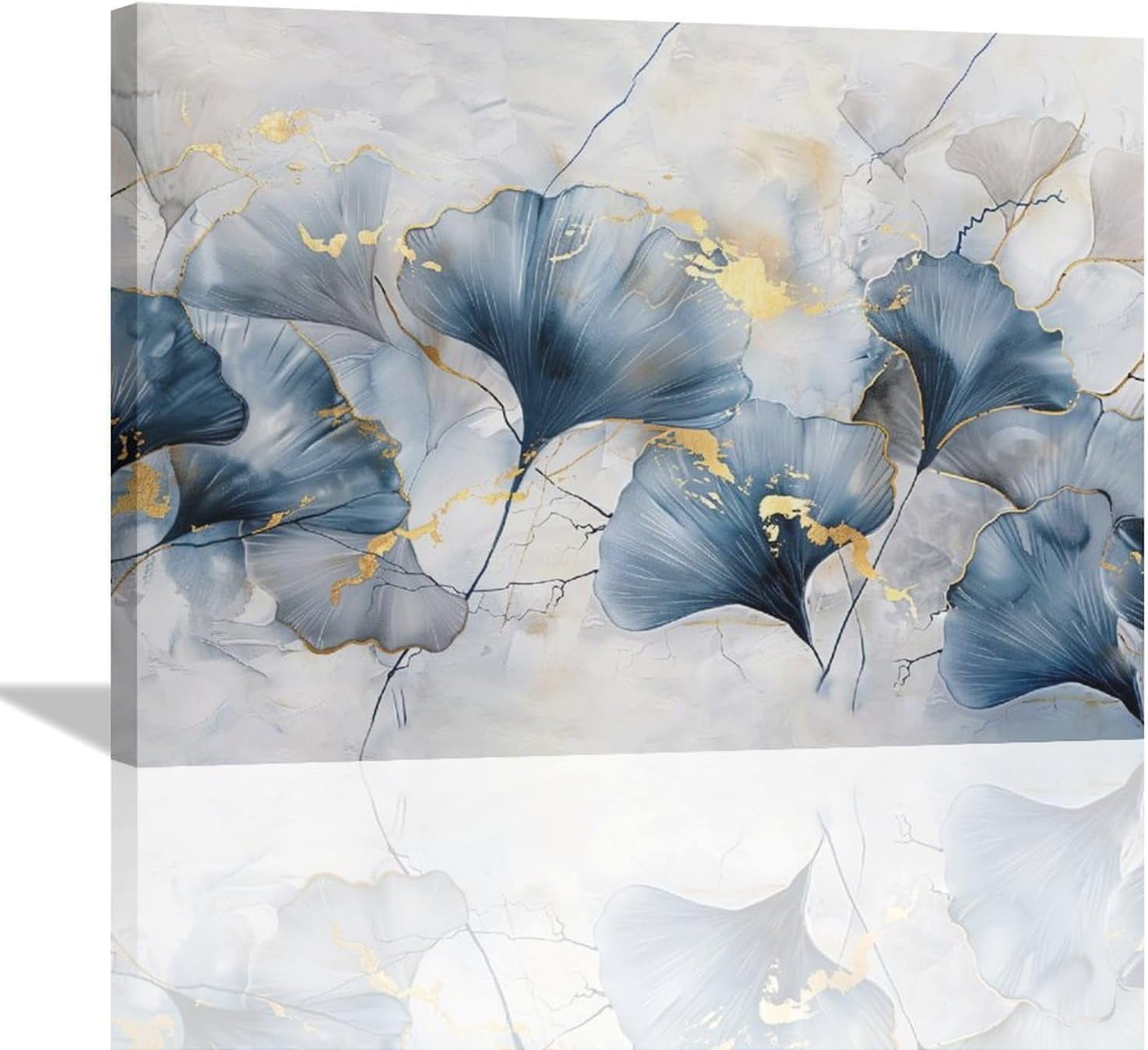 AEFER Blue and Gold Abstract Flower Wall Art Modern Watercolor Painting ...