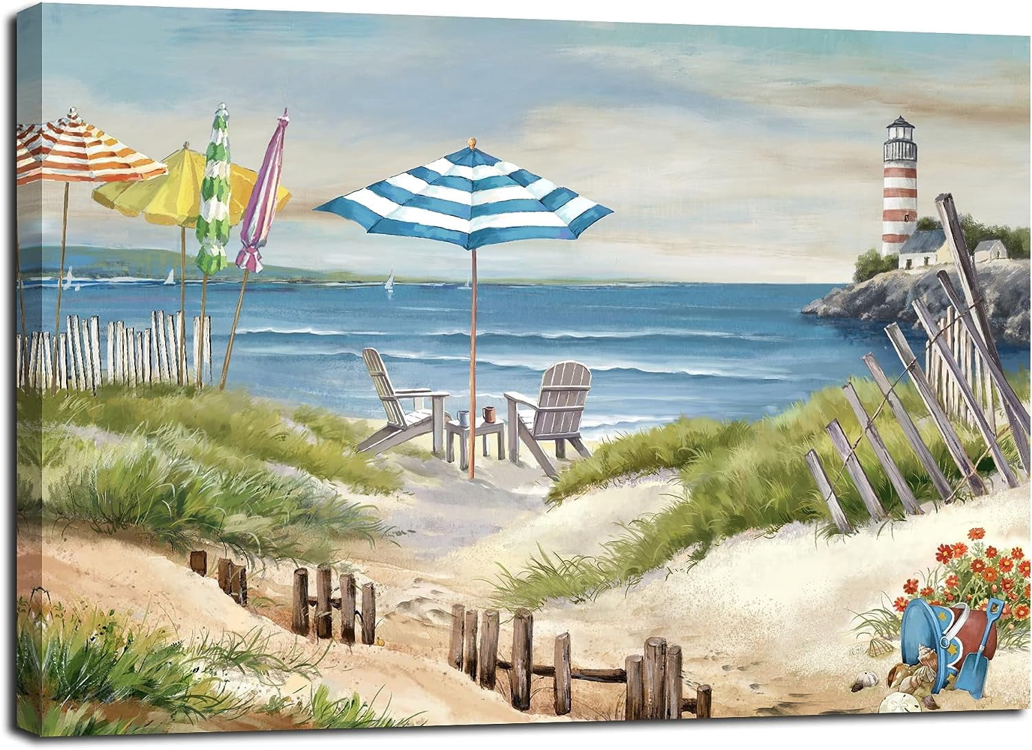 AEFER Blue Ocean Canvas Wall Art Decor Beach Chair Picture Prints ...