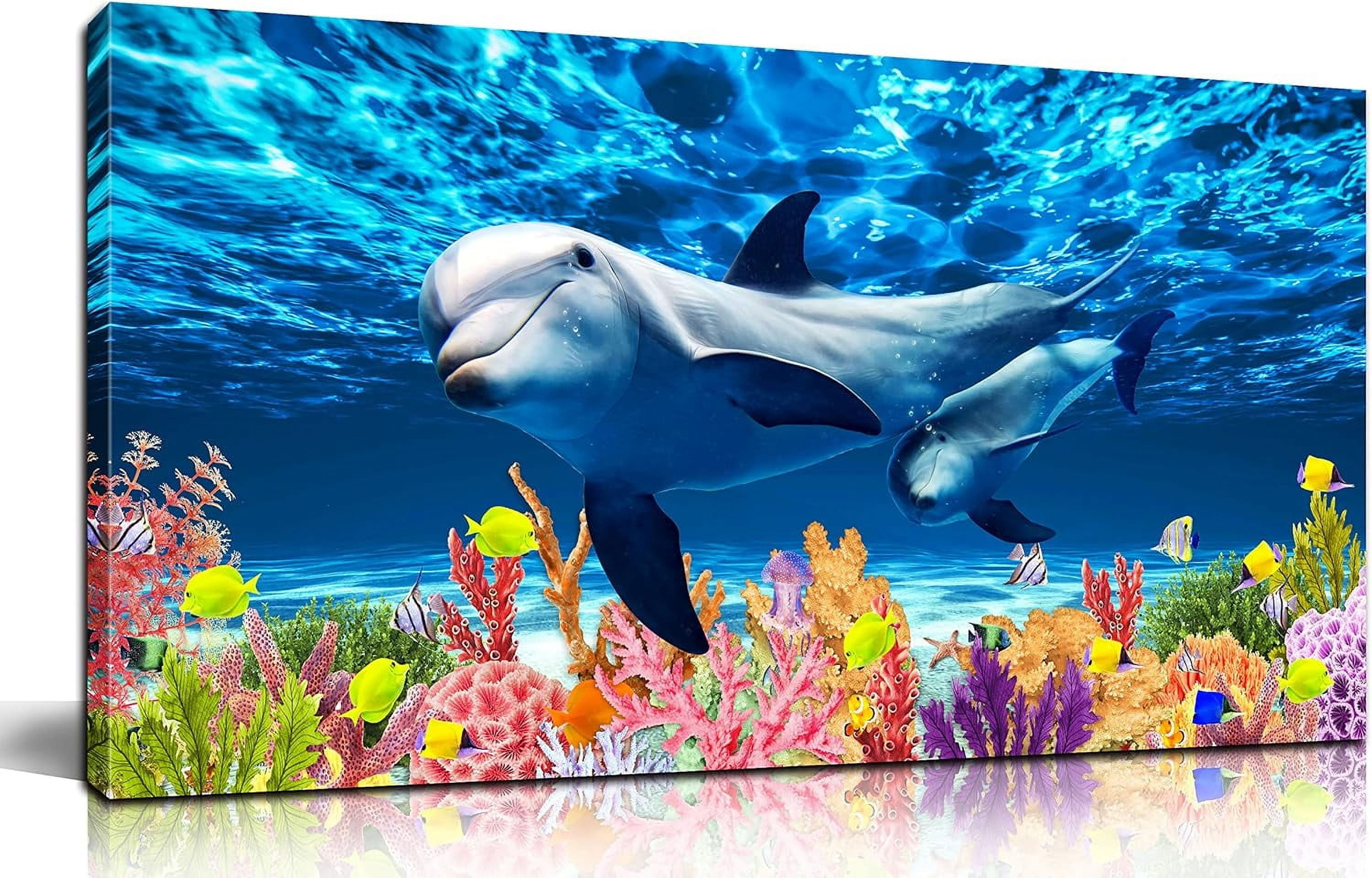 AEFER Blue Ocean Canvas Wall-Art For Bathroom - Dolphin Wall Art For ...