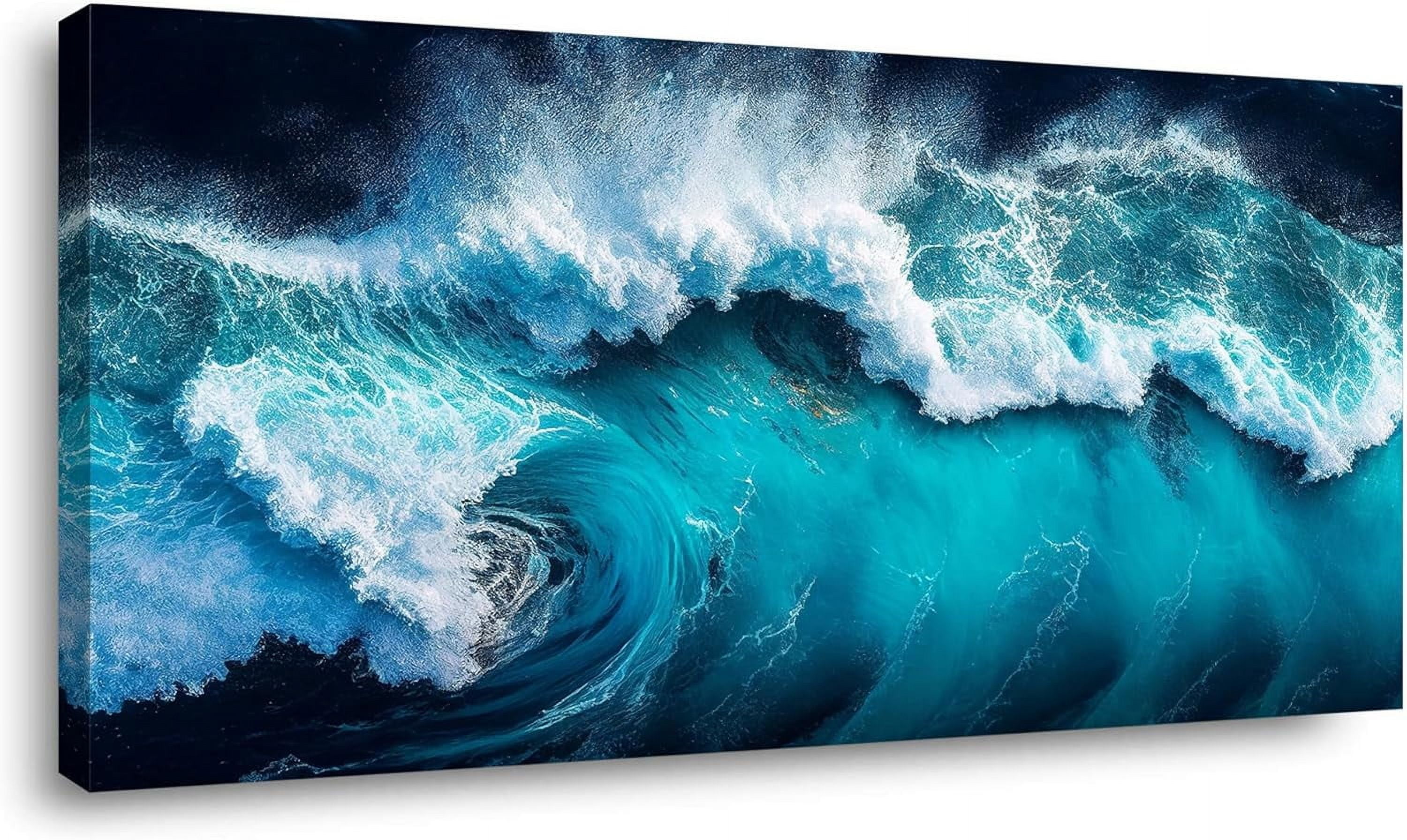 AEFER Blue Waves of Water Meet Each Other Landscape Canvas Wall Art for ...