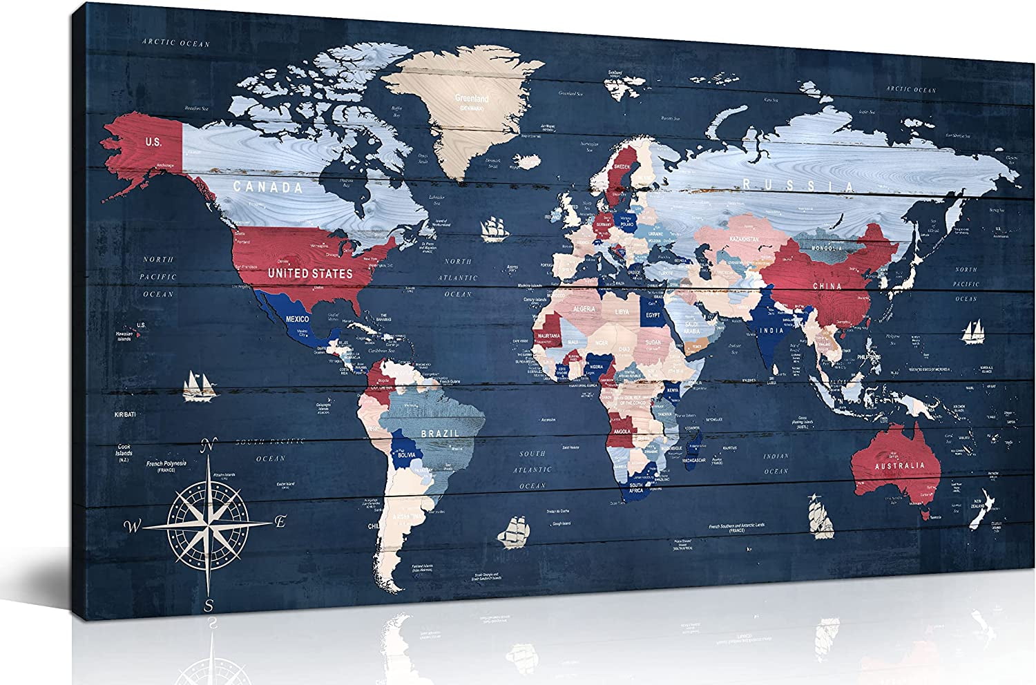 AEFER Blue World Map Wall-Art For Office - World Maps For Wall - Canvas ...