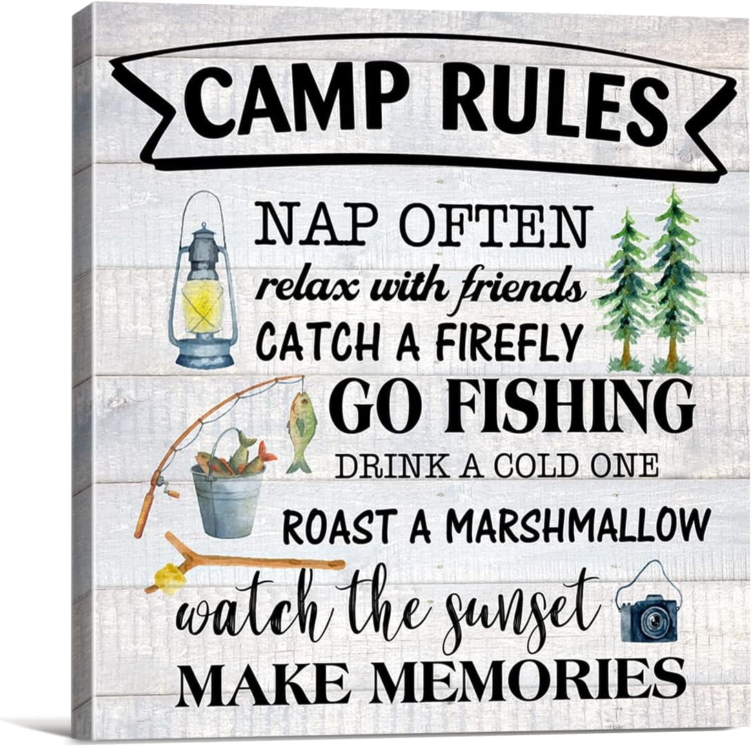 AEFER Camp Rules Cabin Farmhouse Canvas Print Wall Art Decor Rustic ...