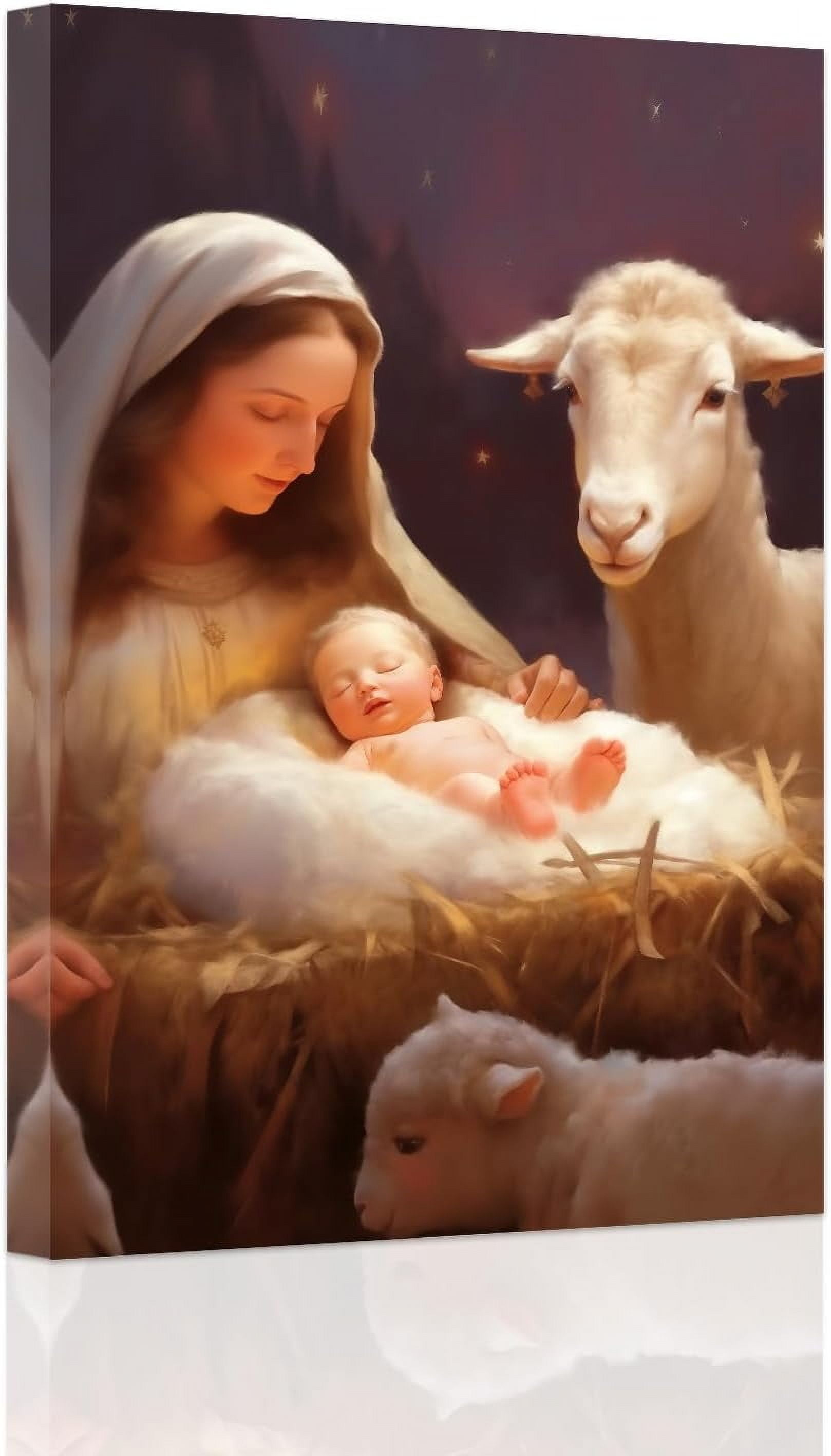 AEFER Canvas Nativity Wall Art Lamb and Baby Jesus in Manger Poster ...