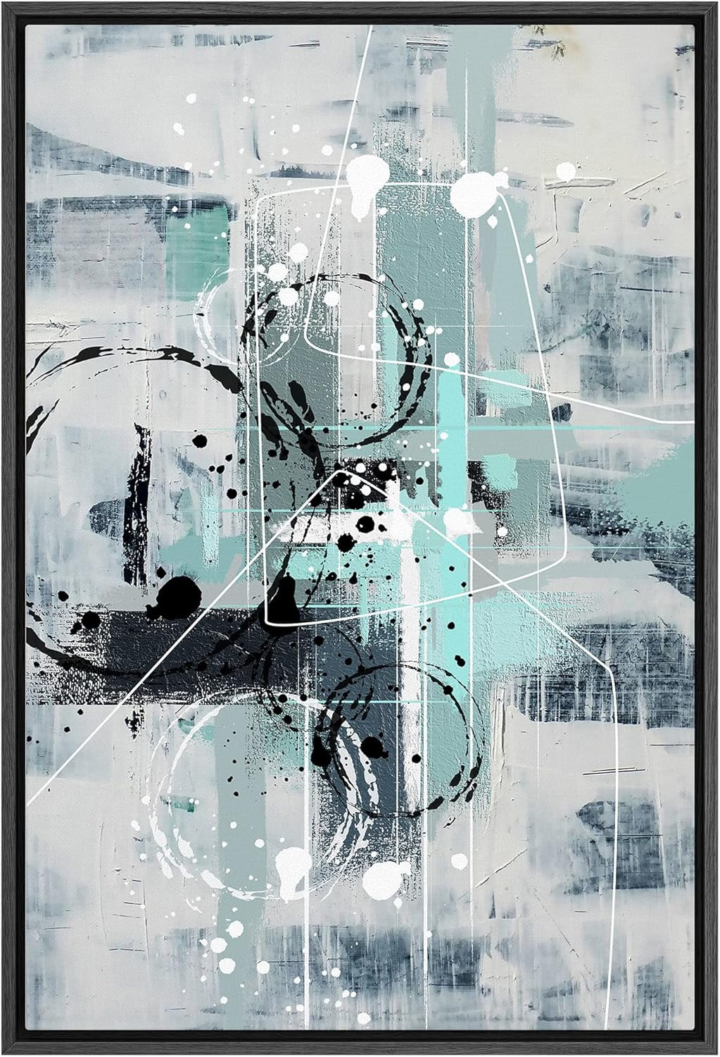 AEFER Canvas Print Wall Art Black Paint Circles Over Teal Grid ...