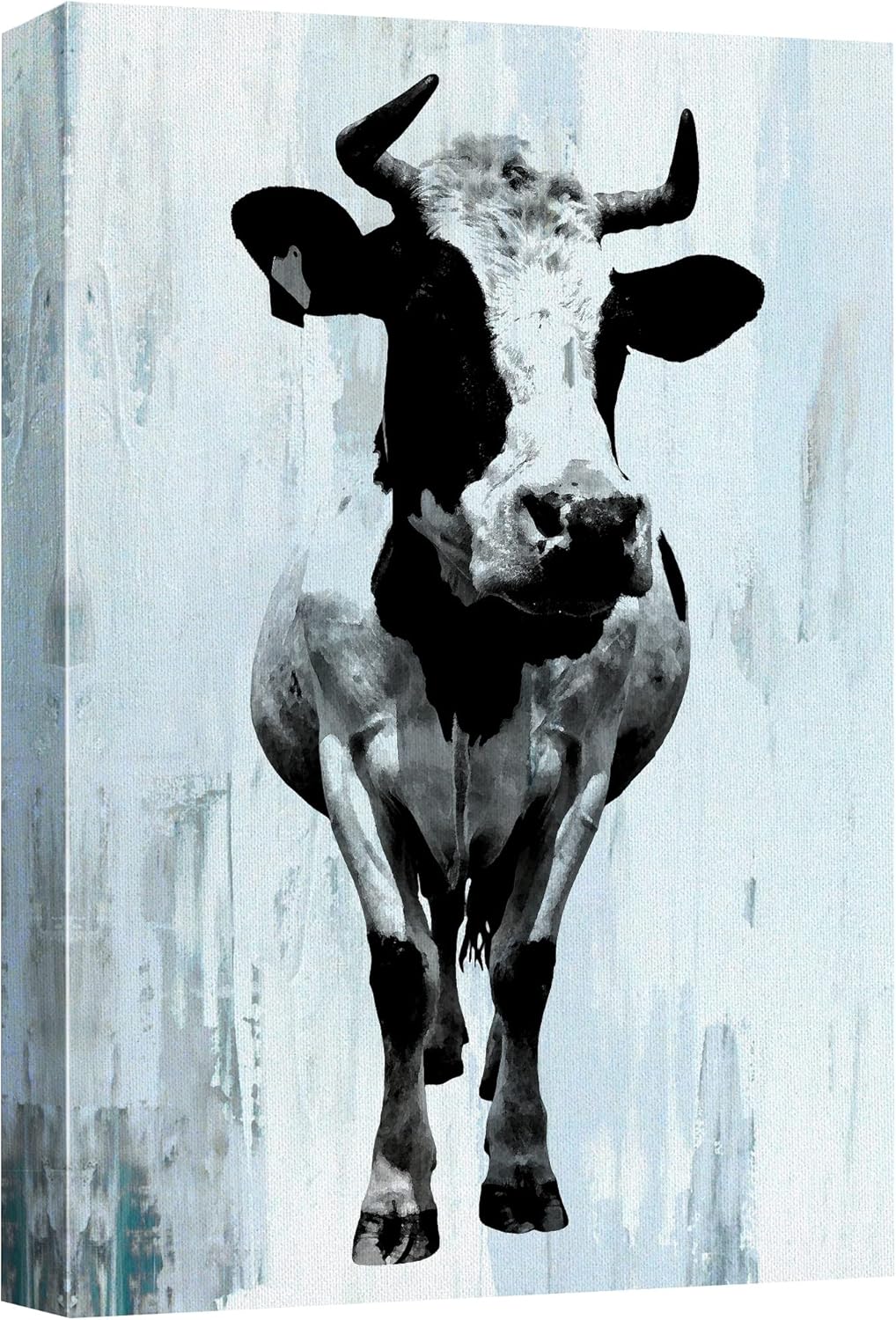 AEFER Canvas Print Wall Art Black & White Cow Portrait on Paint Strokes ...