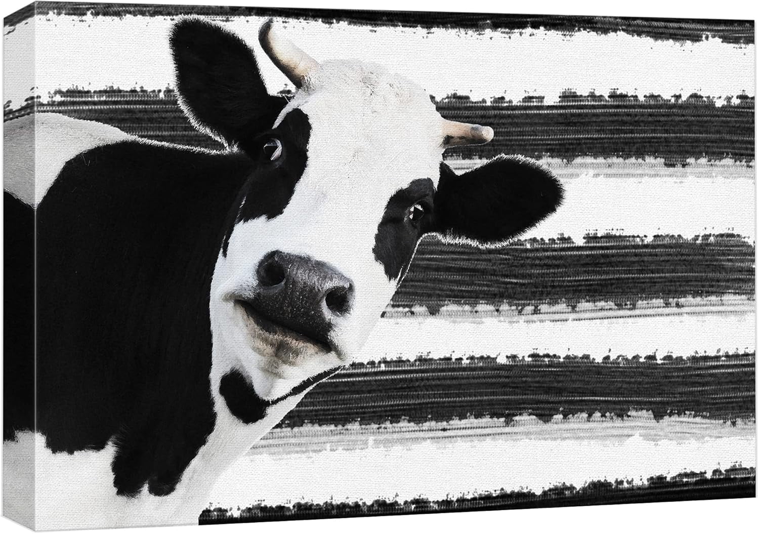 AEFER Canvas Print Wall Art Black & White Cow on Striped Paint ...