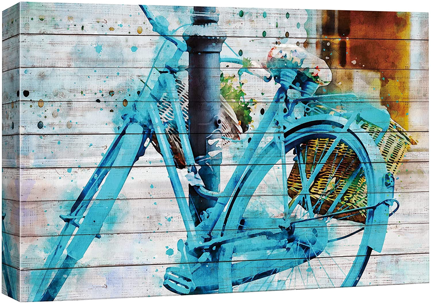 AEFER Canvas Print Wall Art Blue Bike on Post in City on Wood Panels ...