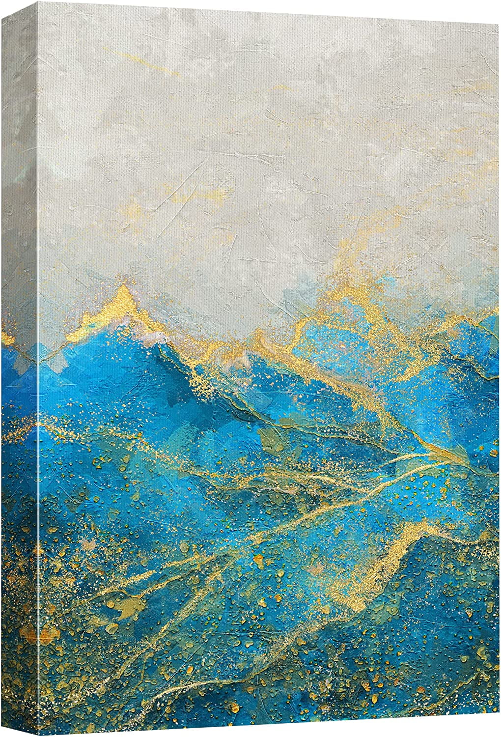 AEFER Canvas Print Wall Art Blue Gold Paint Stroke Wave Landscape ...