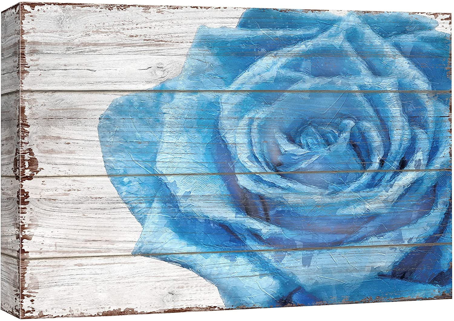AEFER Canvas Print Wall Art Blue Rose Over Gray Rustic Wood Panel ...