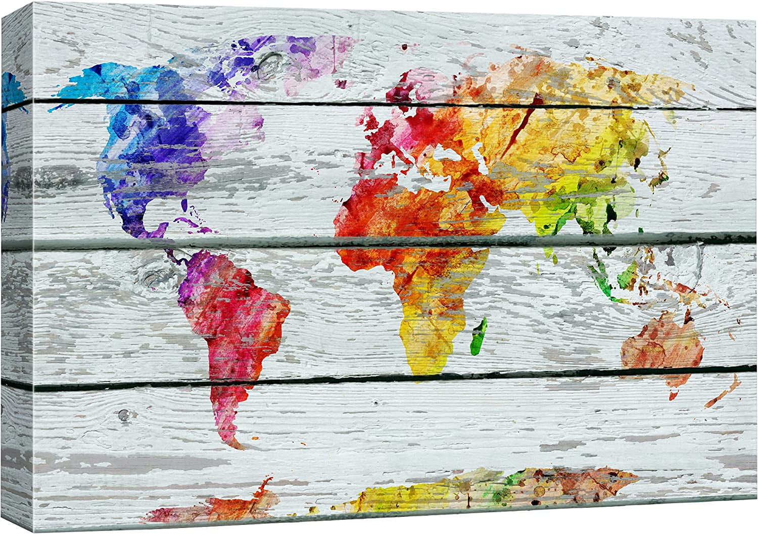AEFER Canvas Print Wall Art Bright Rainbow World Map on Wood Panels ...