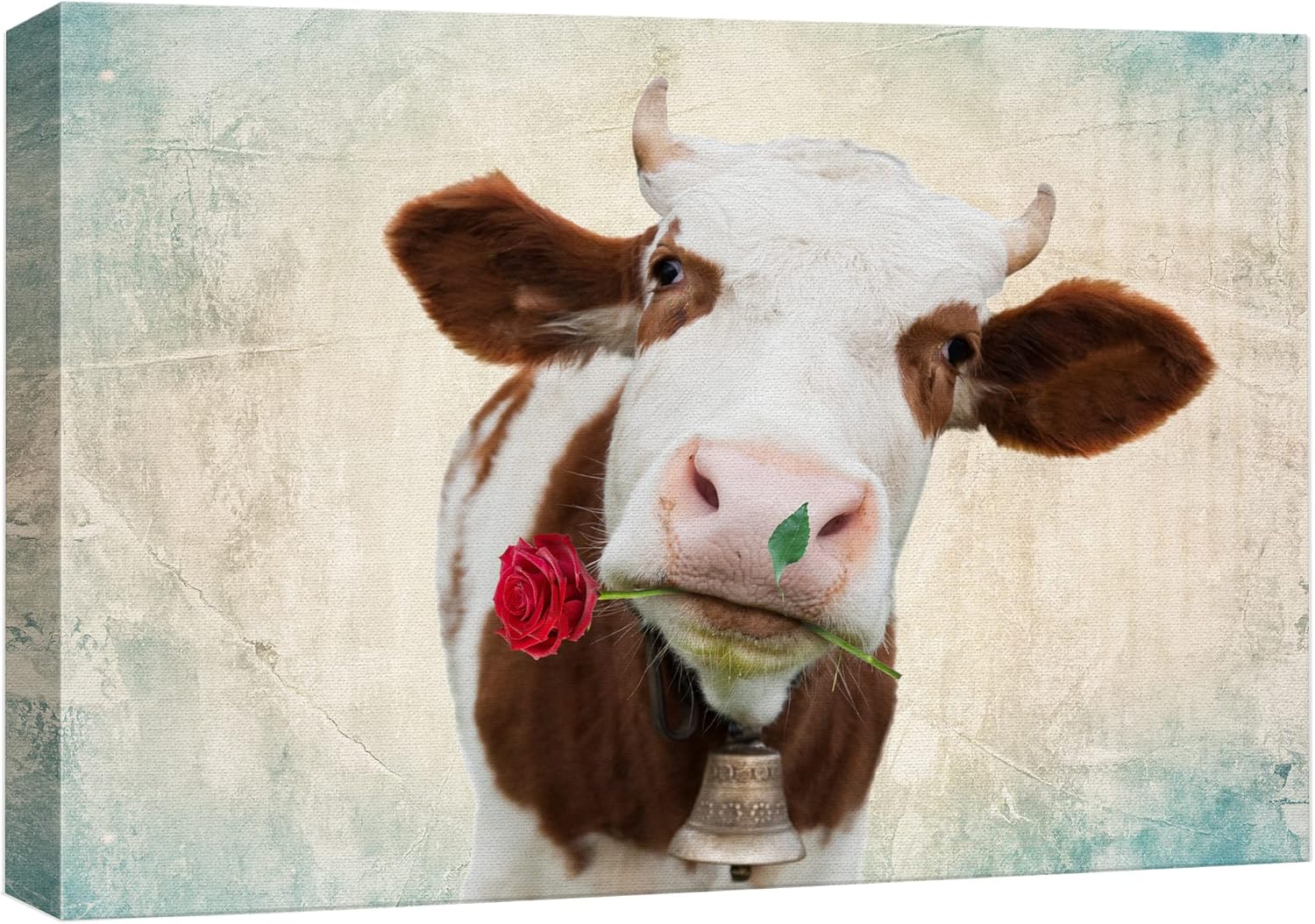 AEFER Canvas Print Wall Art Brown & White Cow Portrait with Rose in ...