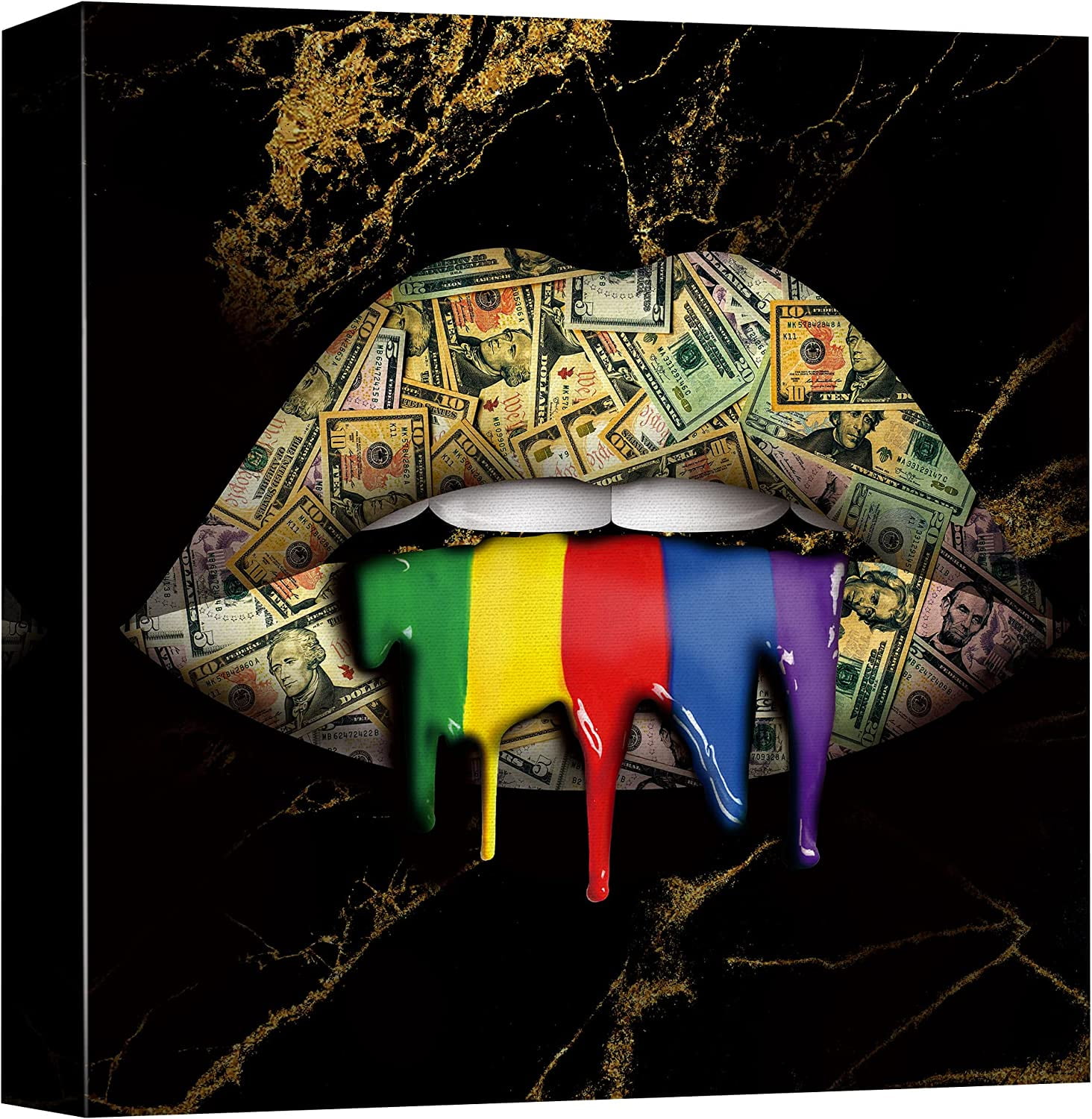 AEFER Canvas Print Wall Art Colorful Money Dollar Bill Rainbow Lips ...
