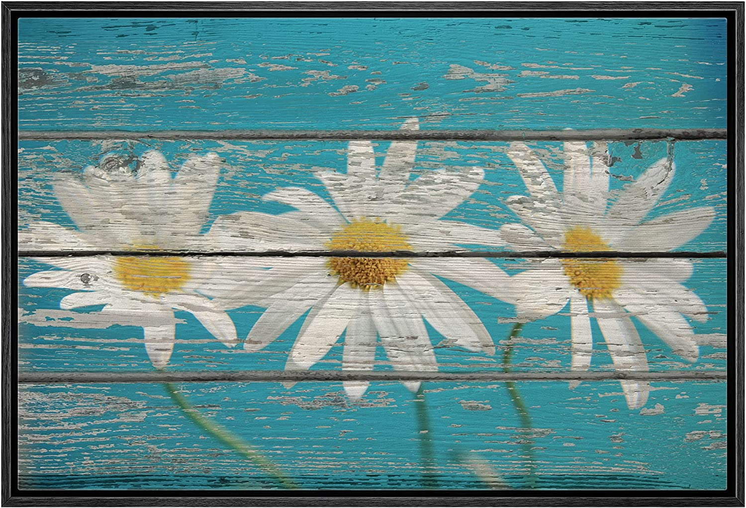 AEFER Canvas Print Wall Art Daisies on Vintage Blue Wood Panel Floral ...