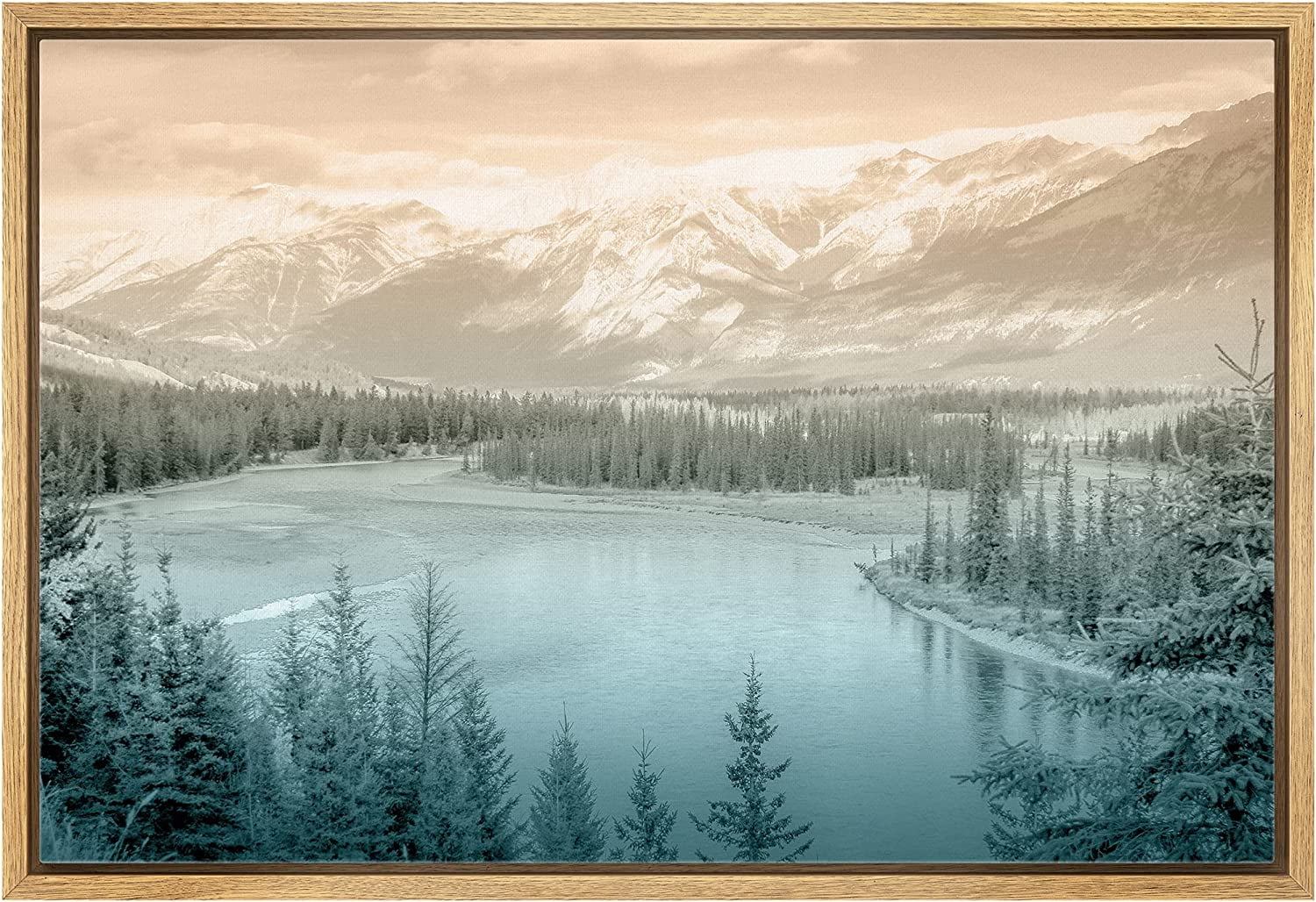 AEFER Canvas Print Wall Art Duotone Orange & Blue Mountain Forest Lake ...