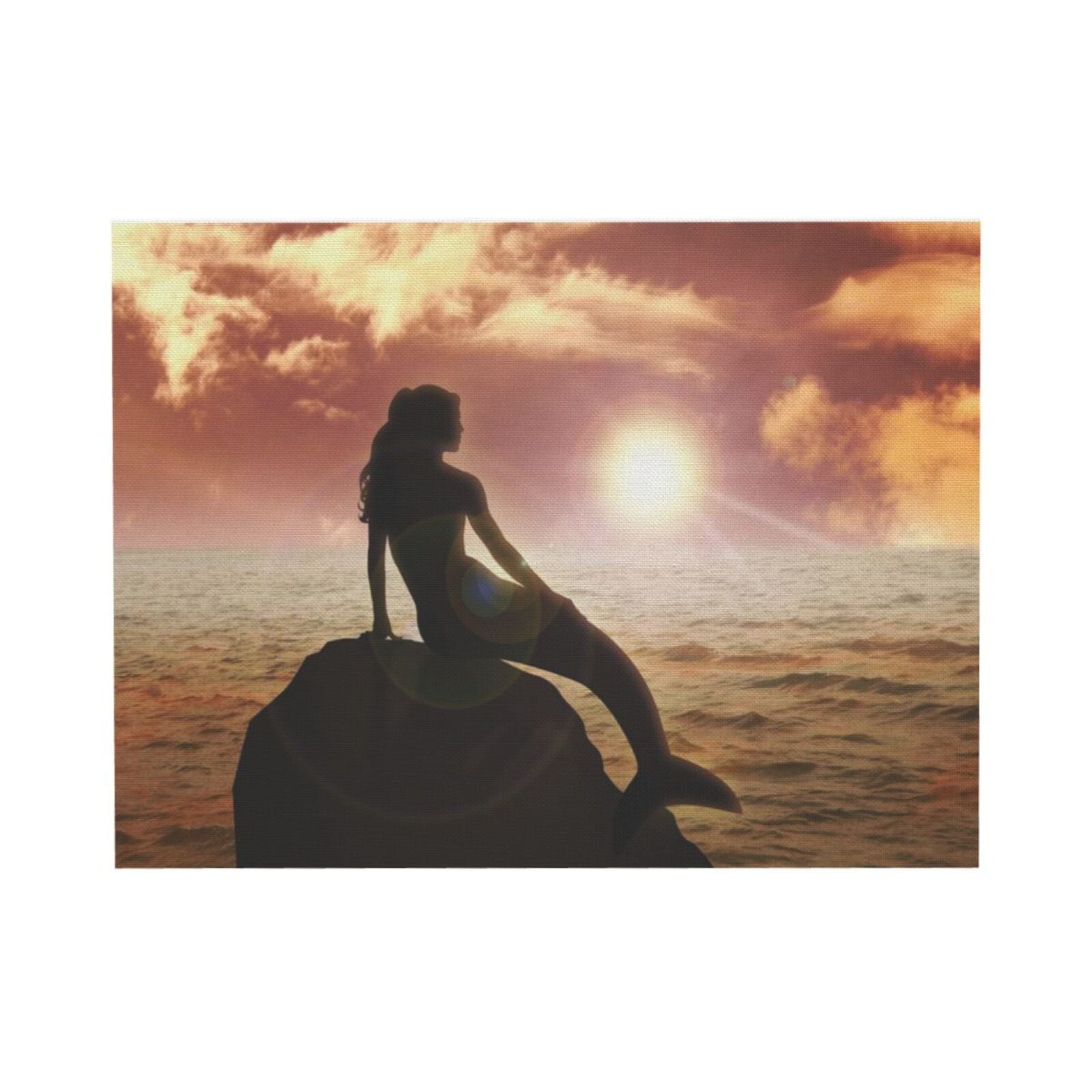 AEFER Canvas Print Wall Art Mermaid on a Rock at Sunset Fantasy & Sci ...