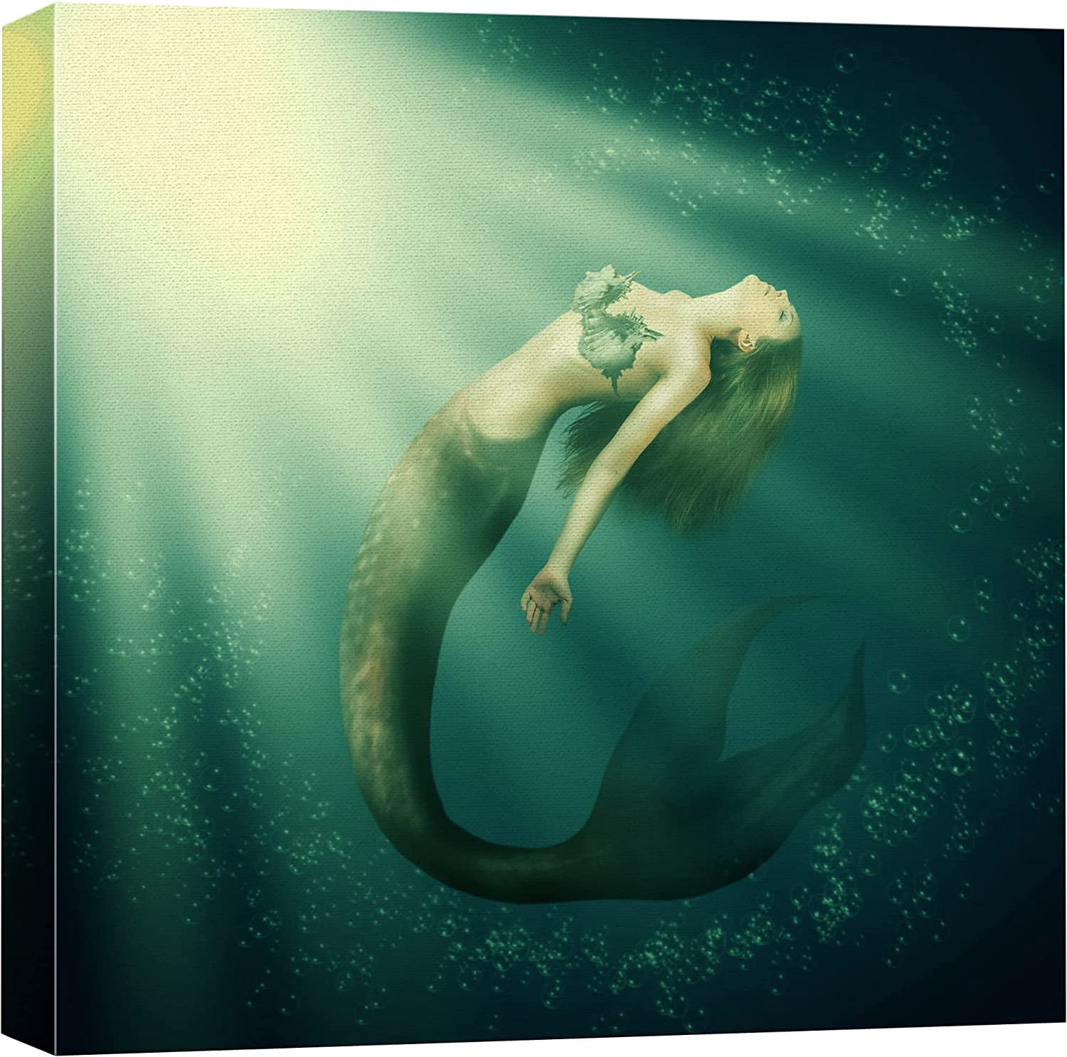 AEFER Canvas Print Wall Art Mermaid Swims Under Sunny Teal Water Fantasy & Sci-Fi Ocean ...