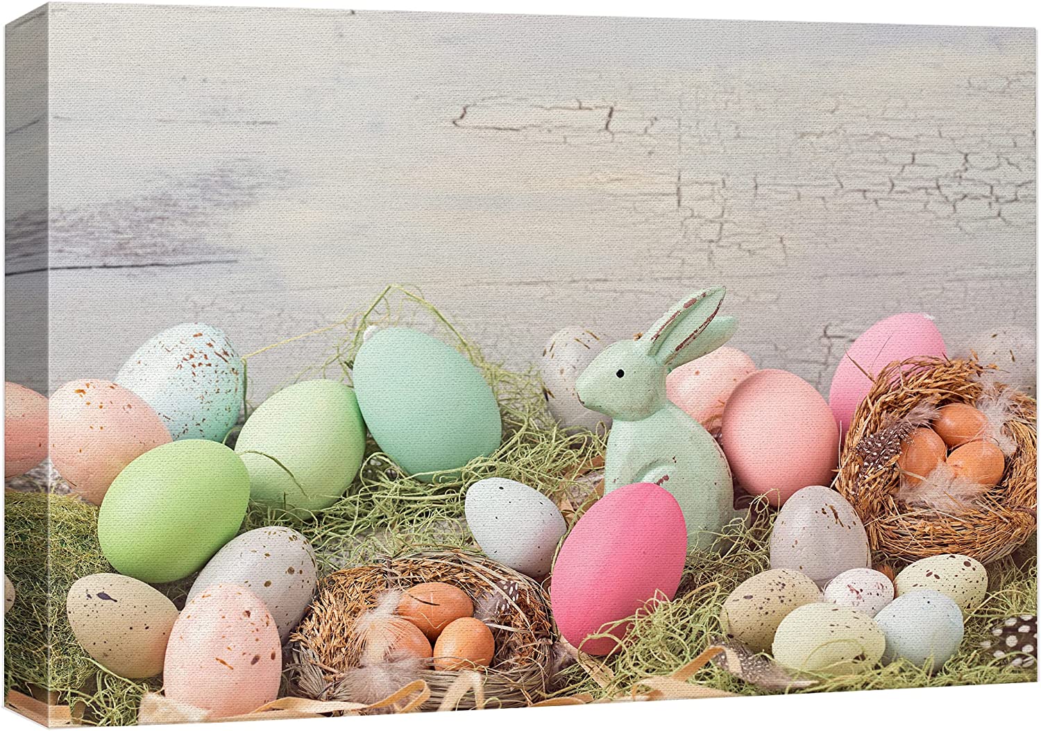 AEFER Canvas Print Wall Art Pastel Easter Bunny & Eggs in Mossy Grass ...